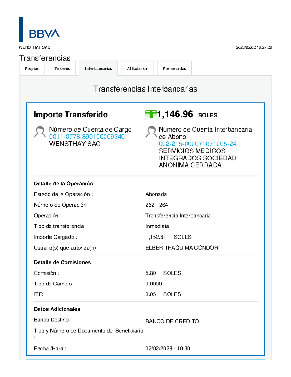 (BBVA) transferencias (12) - WENSTHAY SAC 2023/02/02 10:27 ...