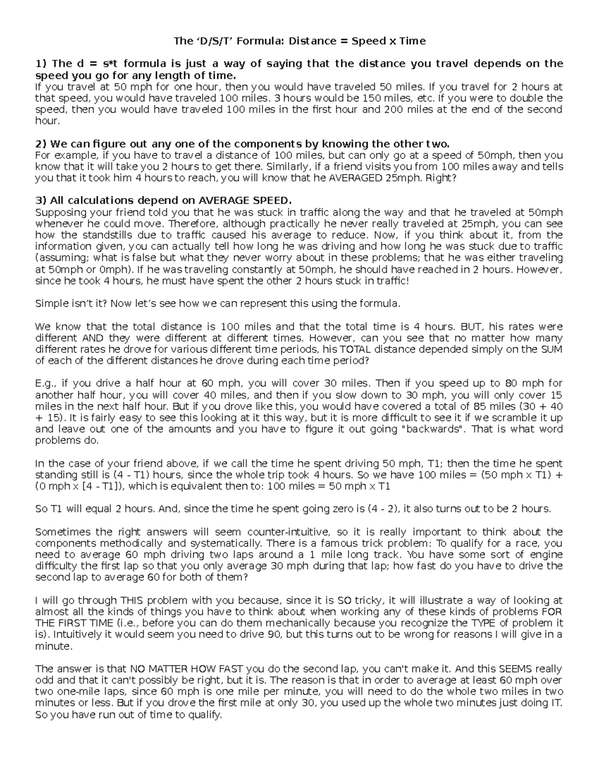Distance Problems - Handouts - The ‘D/S/T’ Formula: Distance = Speed x ...