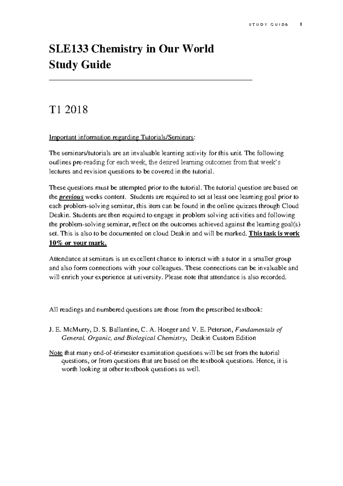 SLE133 Study Guide 2018 - STUDY GUIDE 1 SLE133 Chemistry in Our World ...