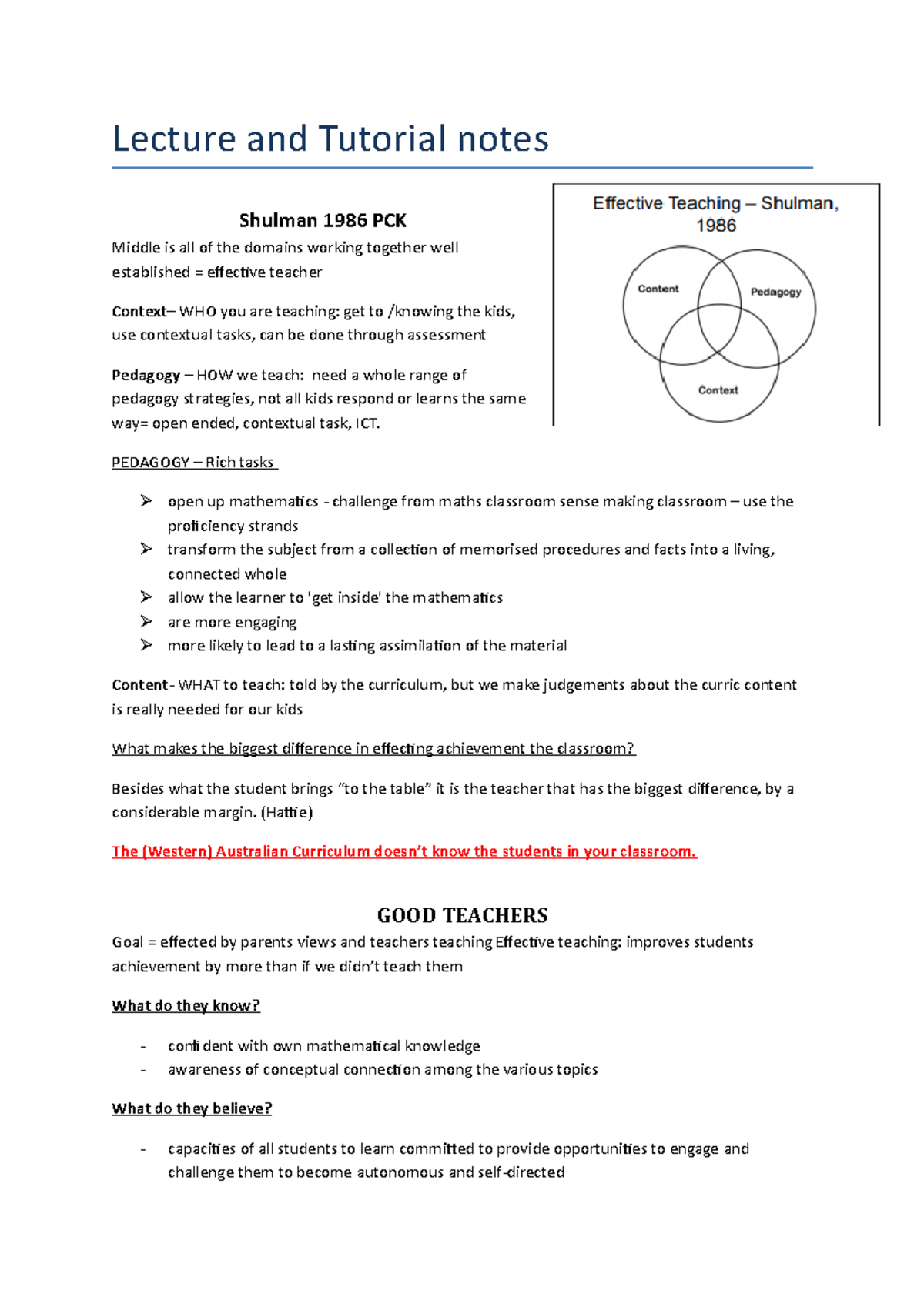 Lecture and Tutorial notes - Lecture and Tutorial notes Shulman 1986 ...