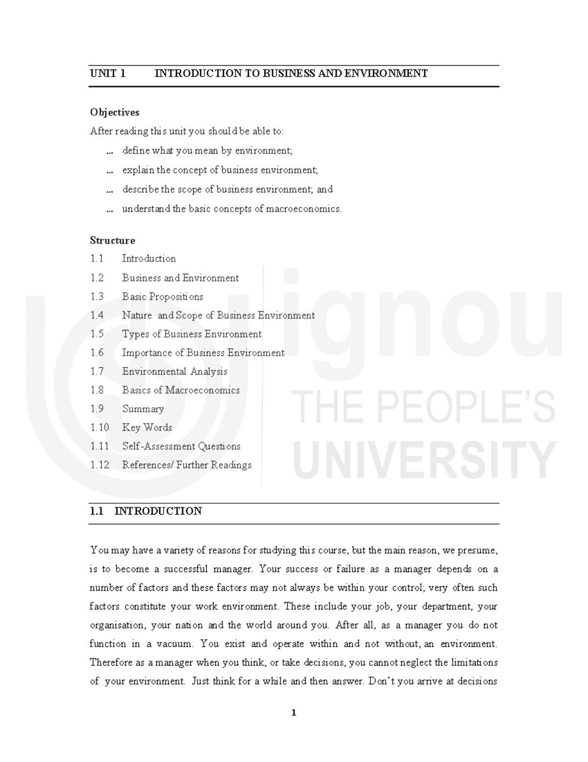 Unit-1 - UNIT 1 INTRODUCTION TO BUSINESS AND ENVIRONMENT Objectives After reading this unit you ...