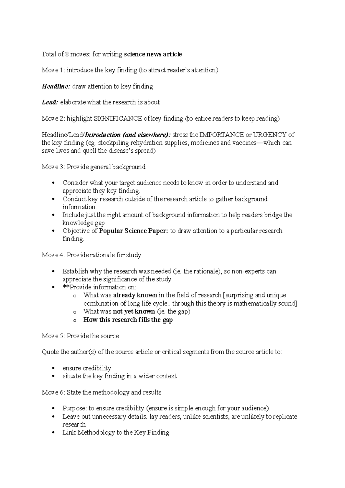 Science News Article Writing - 8 Moves - Total of 8 moves: for writing ...