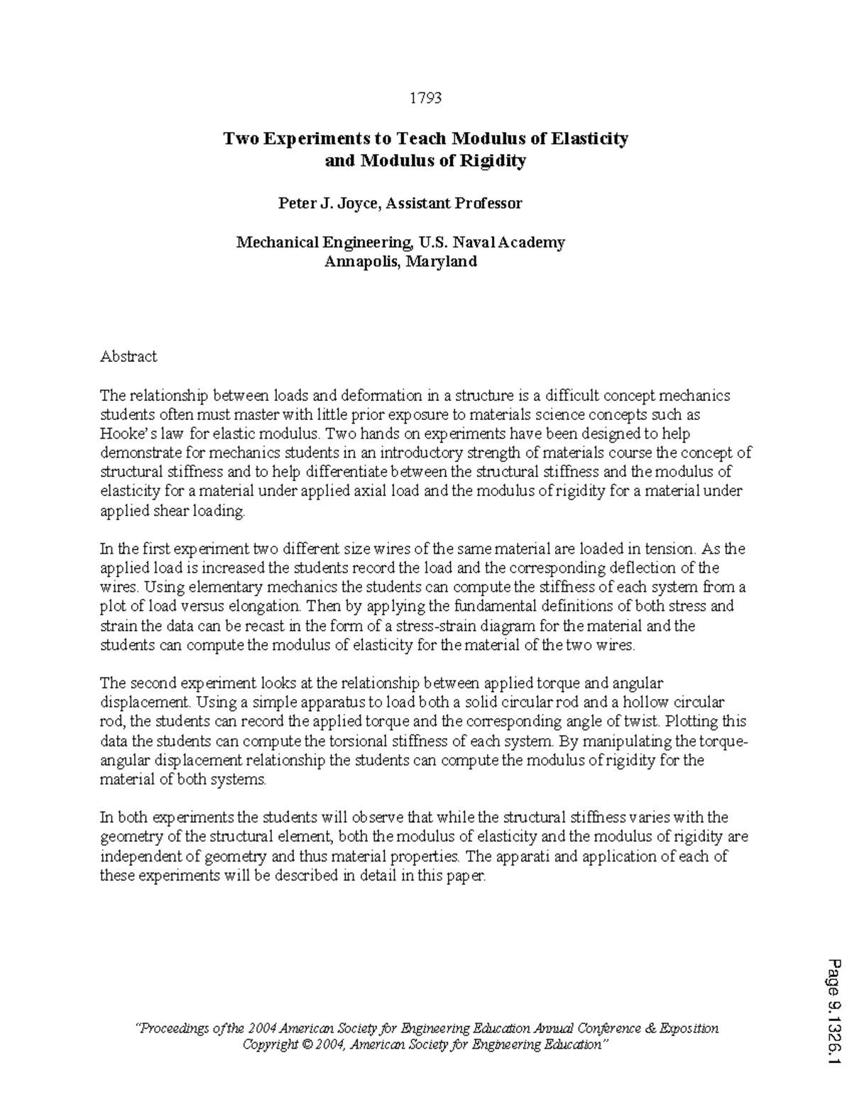 Two experiments to teach modulus of elasticity and modulus of rigidity ...