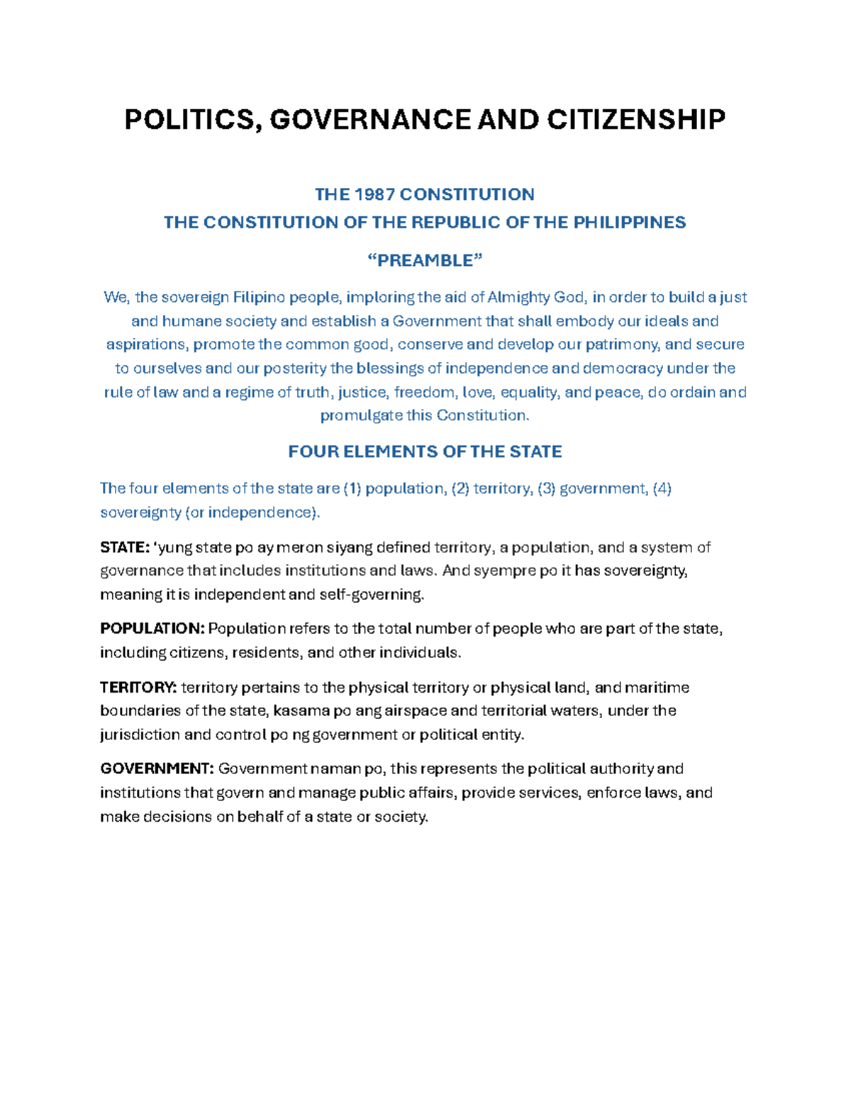 Final Reviewer- Polgov - POLITICS, GOVERNANCE AND CITIZENSHIP THE 1987 ...