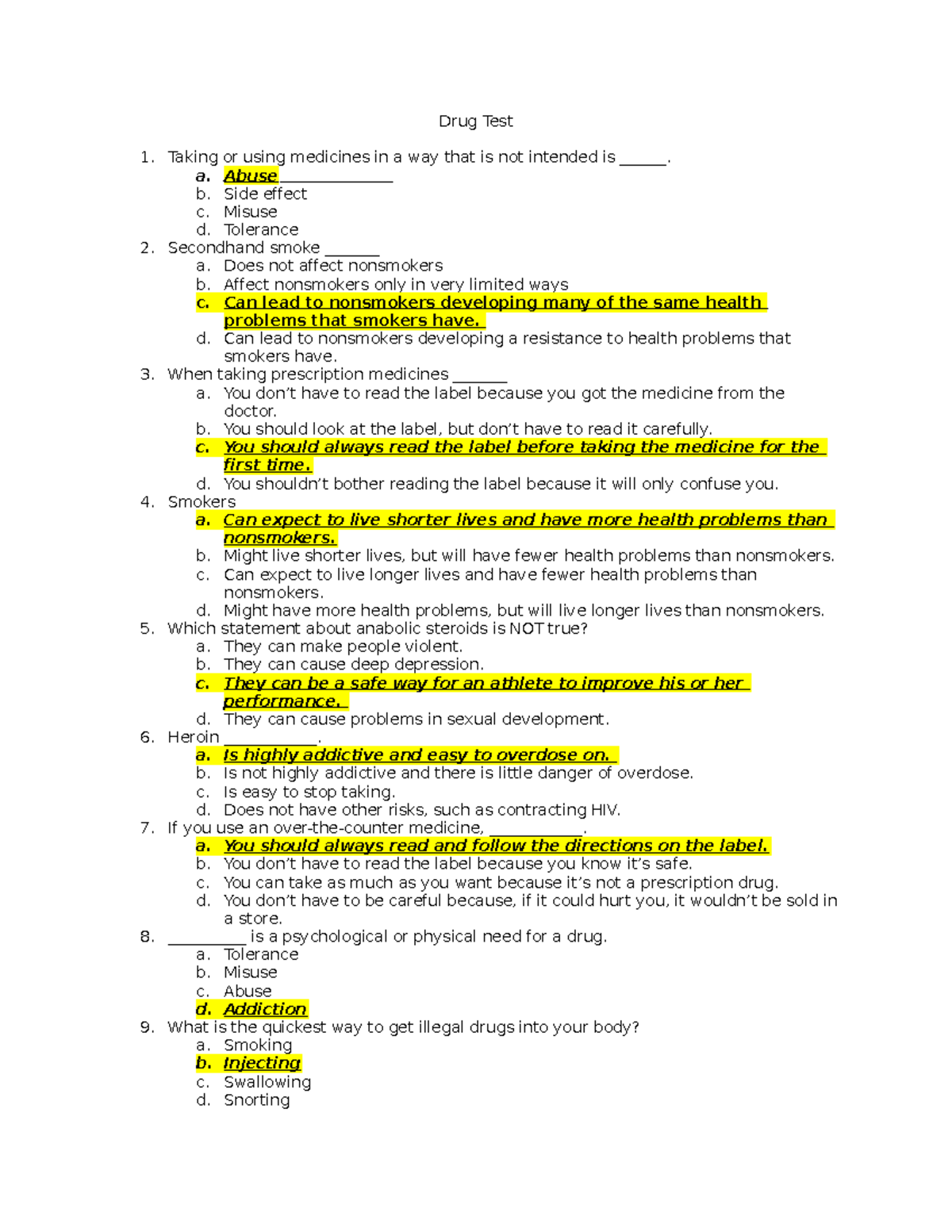 Drug Test Answers 2-1 - Drug test aser - Drug Test Taking or using ...