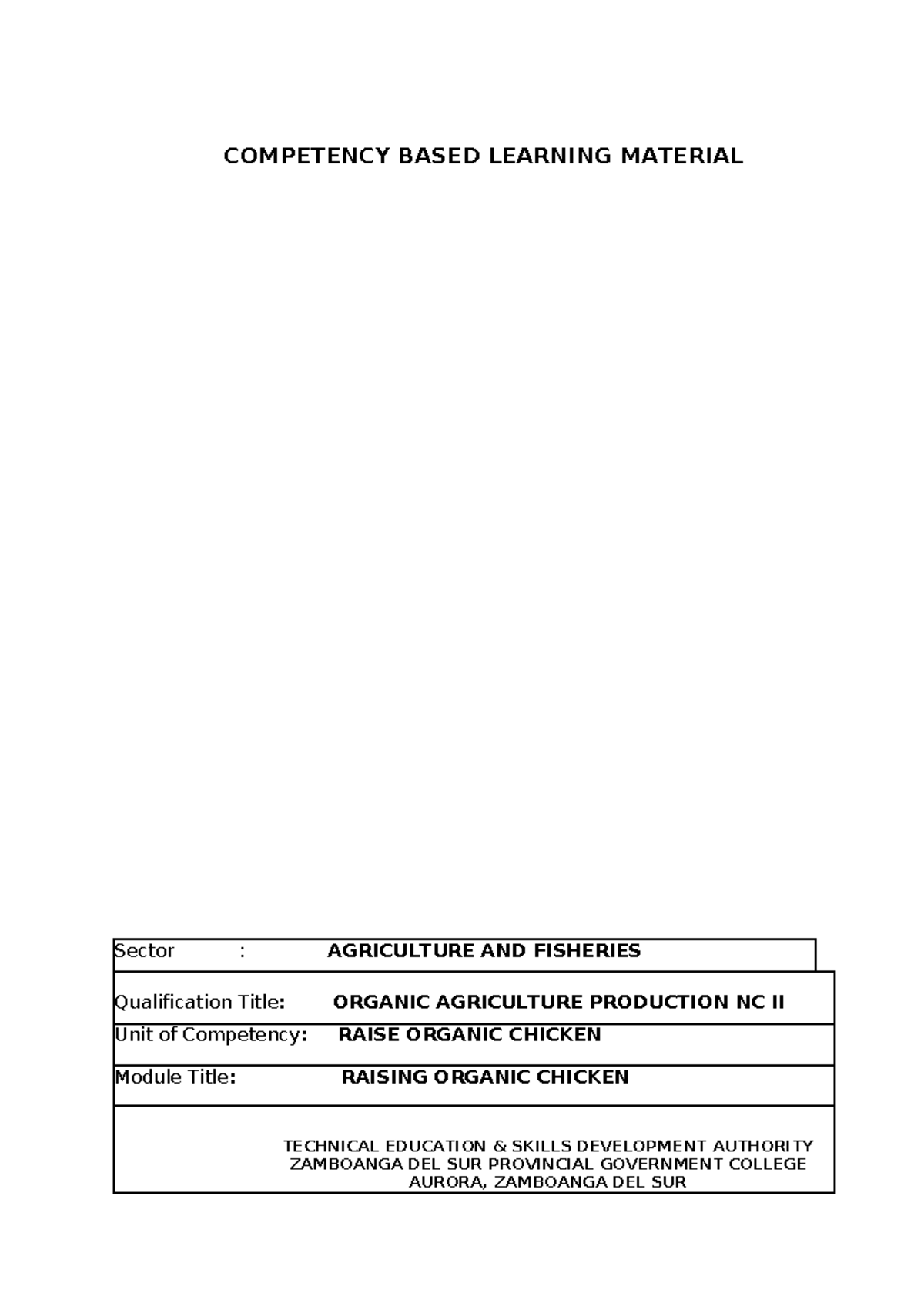 OAP Chicken - Lecture notes on Organic Agriculture Farming - COMPETENCY ...