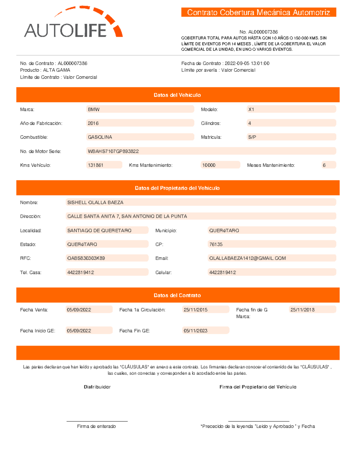 6391 Garantia Extendida Sishell Olalla Baeza - Datos del Vehículo Marca ...