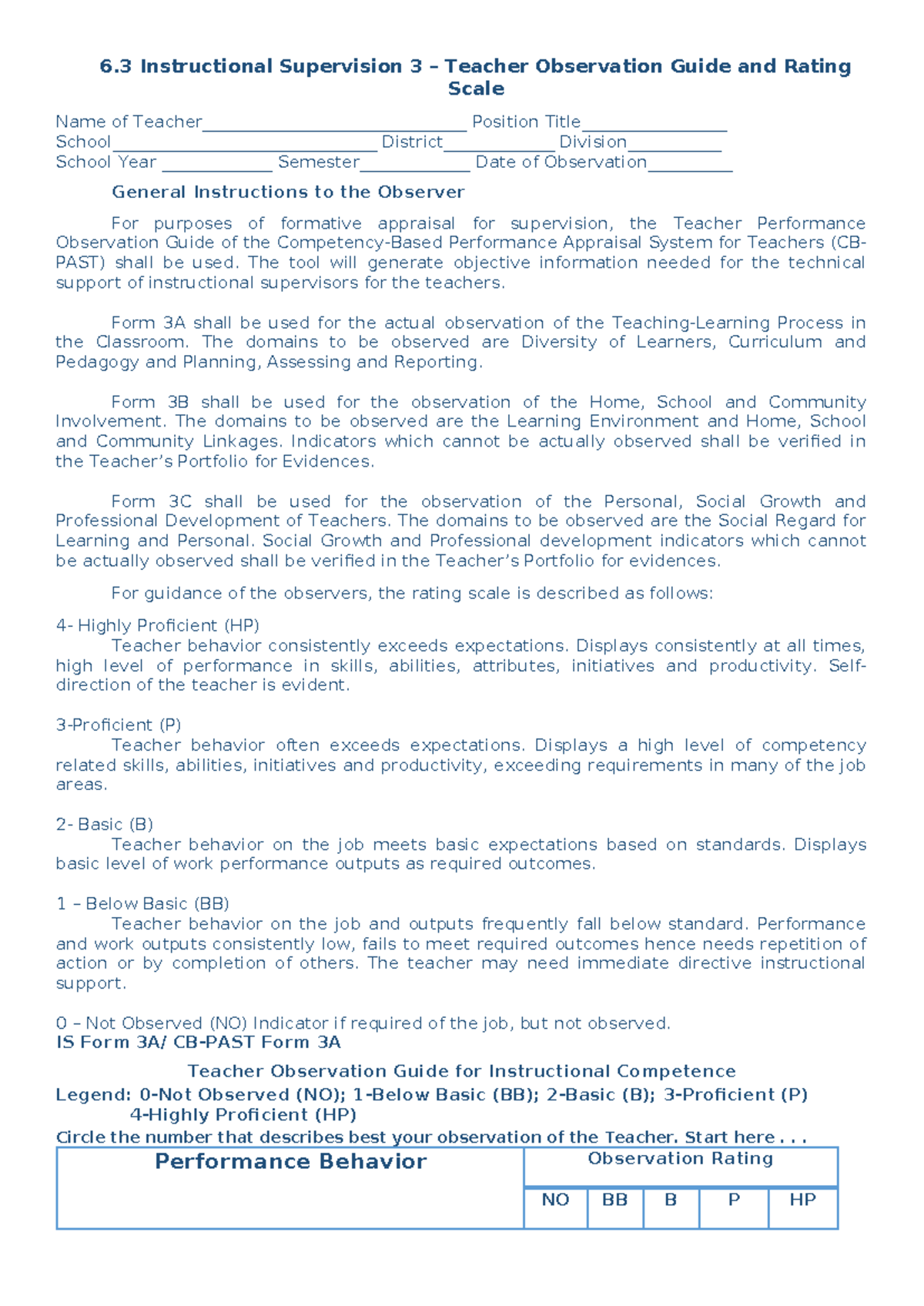 Teacher Observation Guide and Rating Scale - 6 Instructional ...