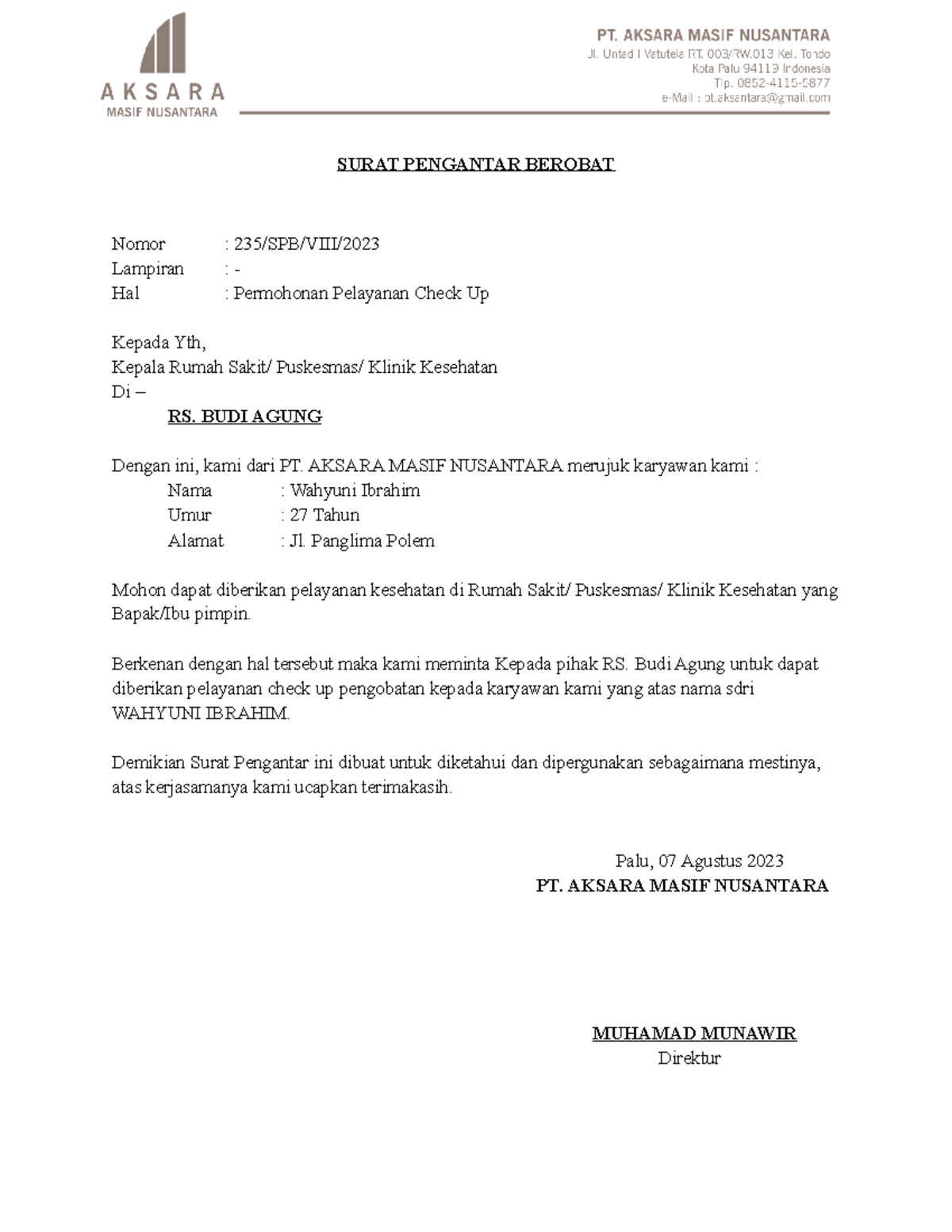 Surat Pengantar Berobat - SURAT PENGANTAR BEROBAT Nomor : 235/SPB/VIII ...