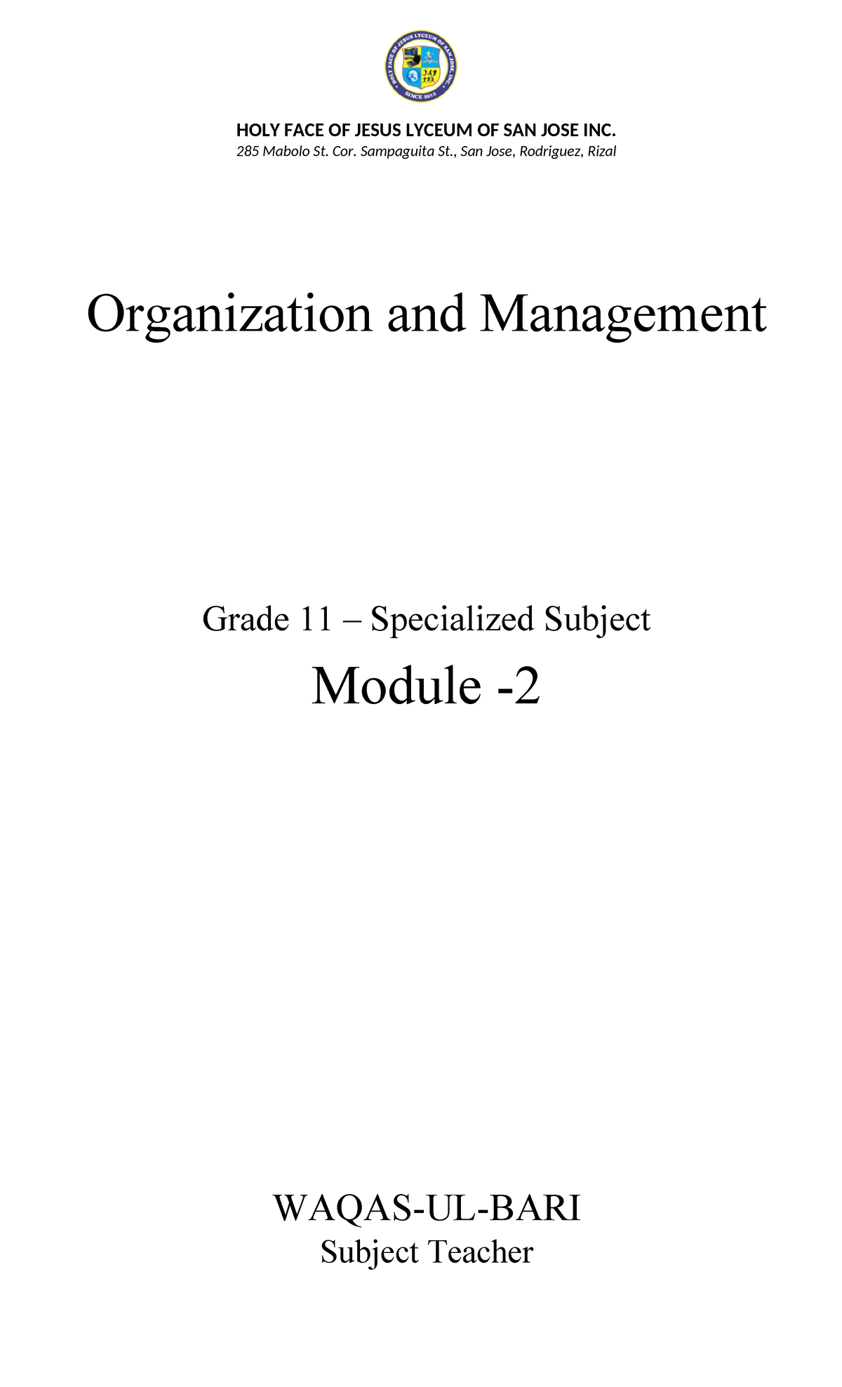 Module 2 Organization AND Management - 285 Mabolo St. Cor. Sampaguita ...