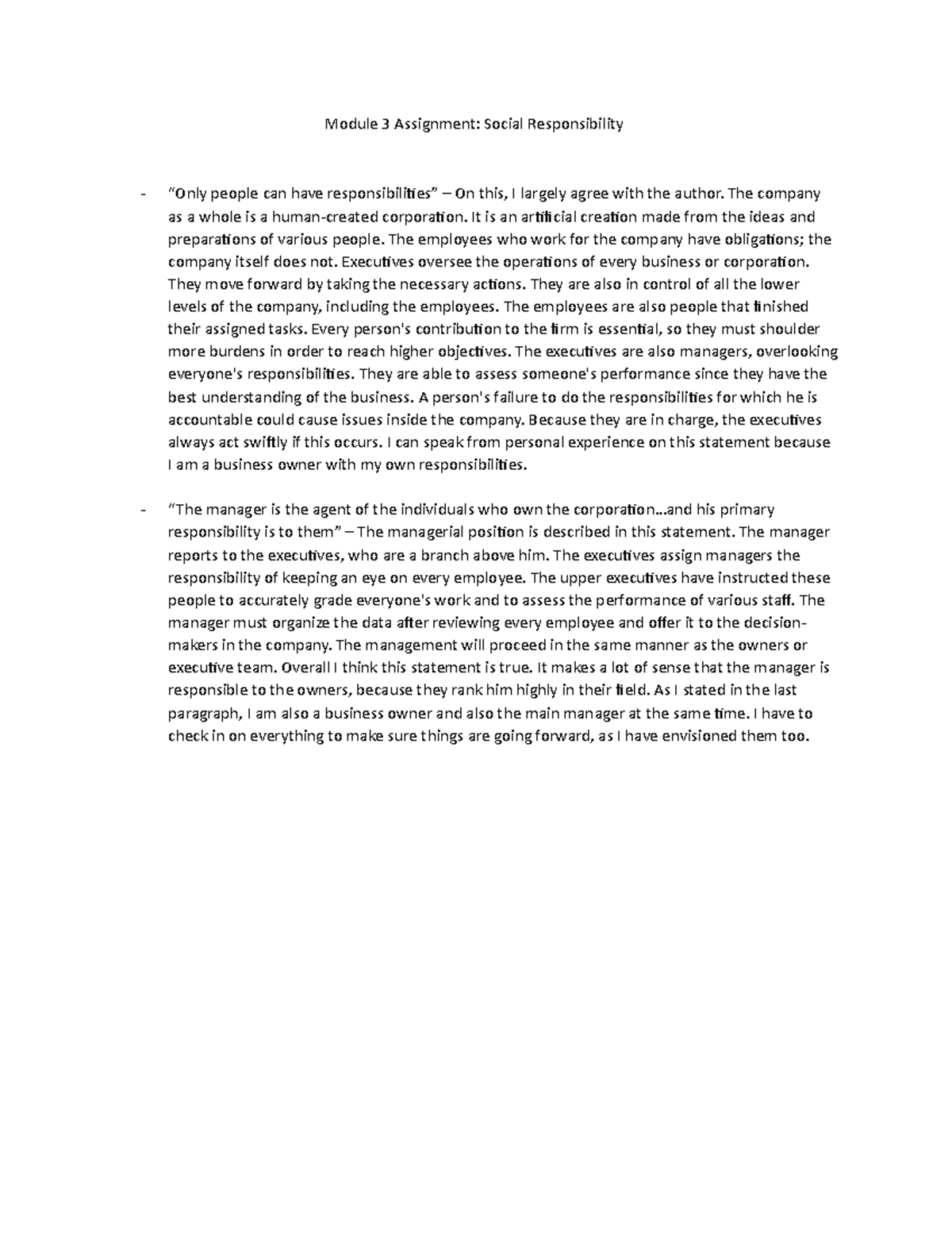 Module 3 Assignment - Module 3 Assignment: Social Responsibility “Only ...
