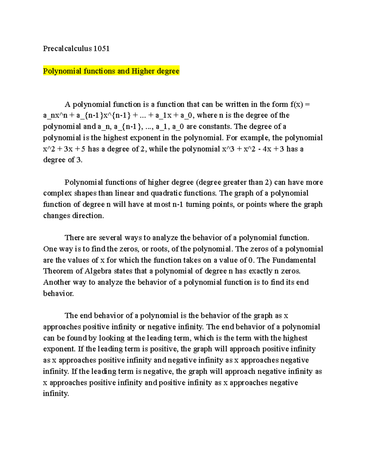 Polynomial Functions And Higher Degrees Precalcalculus 1051 Polynomial Functions And Higher