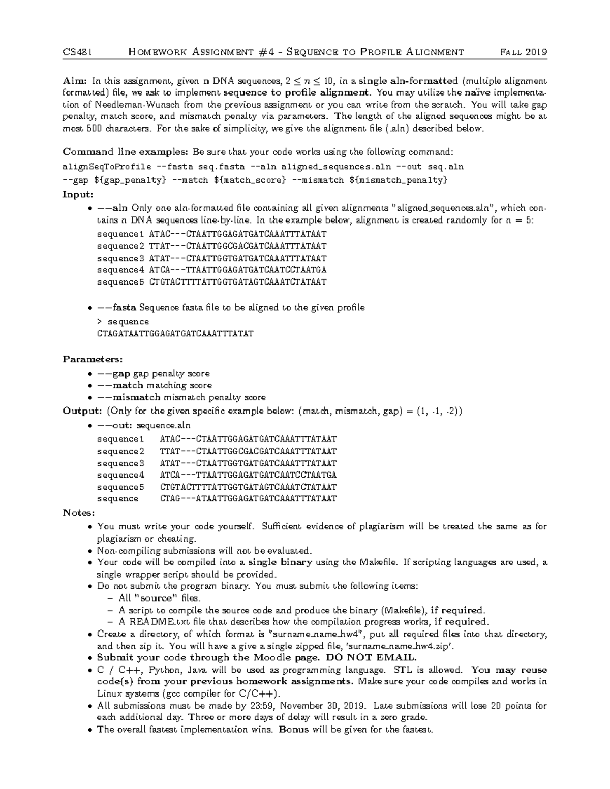 Bioinformatics Algorithms I Homework 4 Cs481 Homework Assignment 4 Sequence To Profile