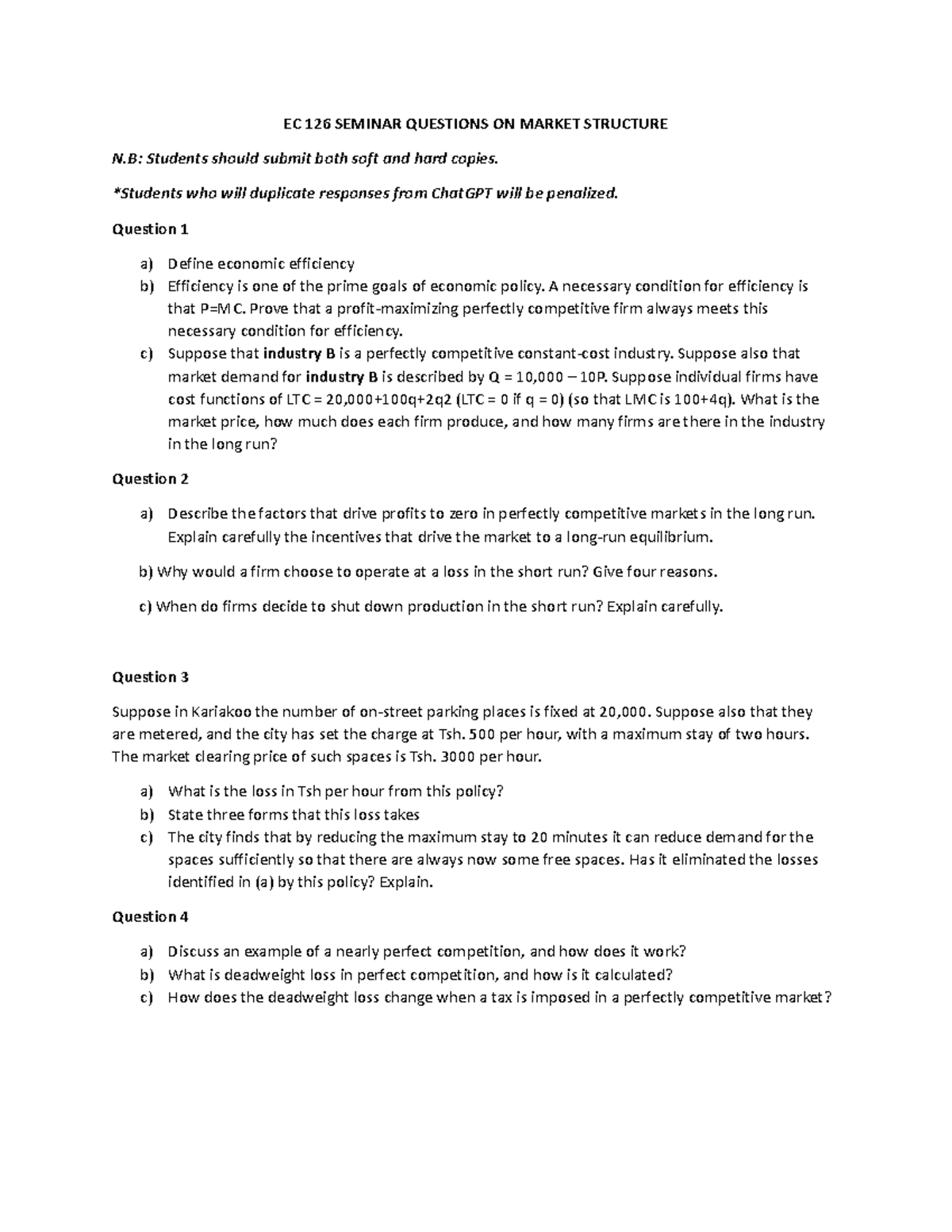 EC 126 Seminar Questions - EC 126 SEMINAR QUESTIONS ON MARKET STRUCTURE ...
