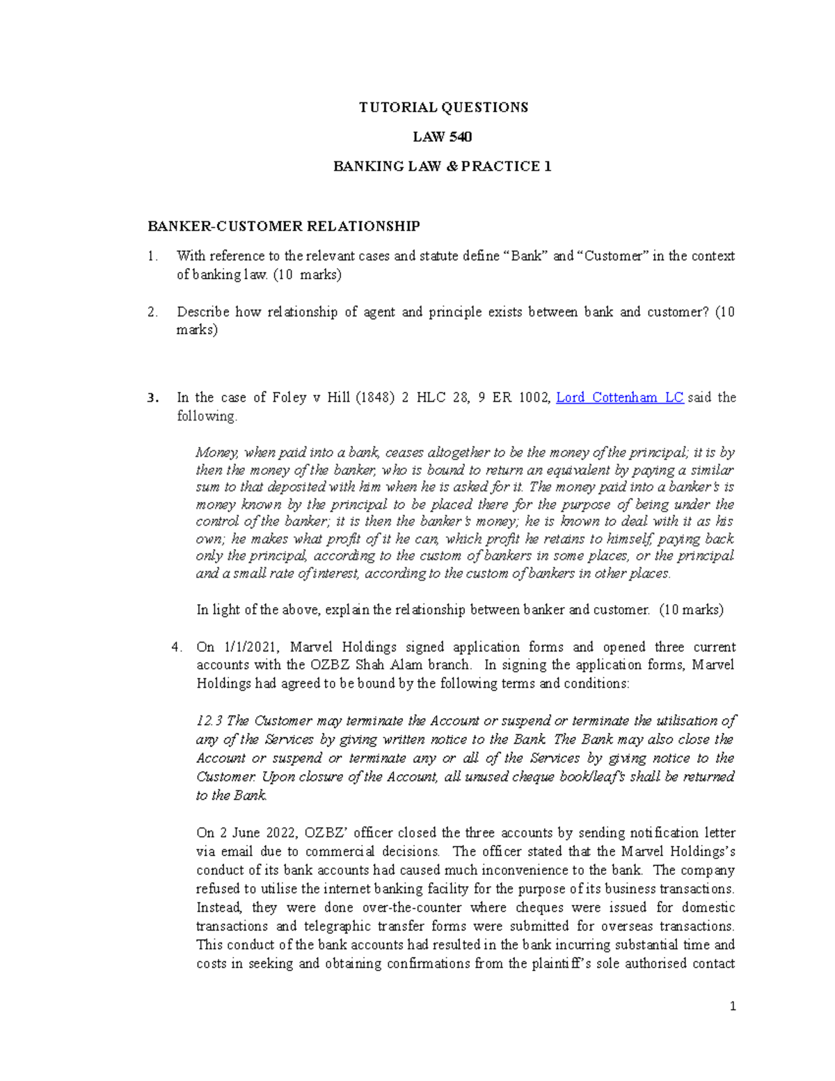 Tutorial Question October 2023 - TUTORIAL QUESTIONS LAW 540 BANKING LAW ...