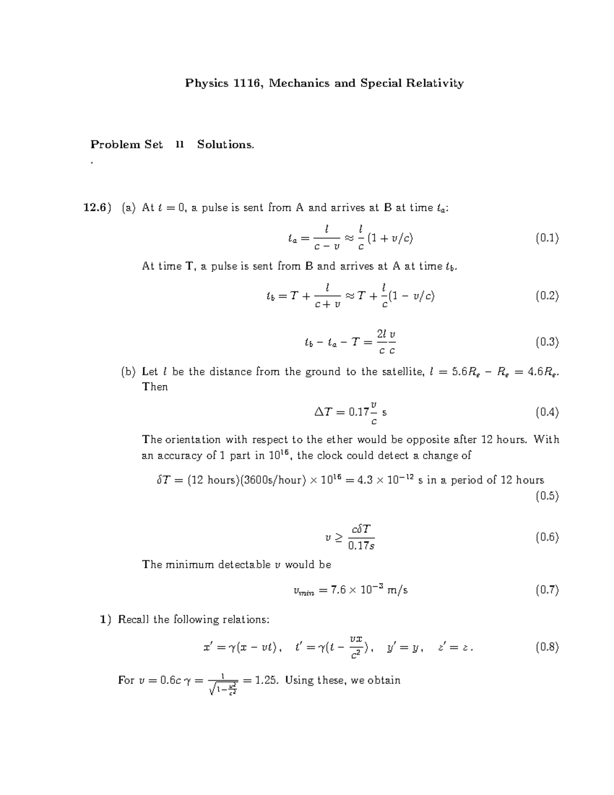 PS11 solutions - Physics 1116, Mechanics and Special Relativity Spring 2022 Problem Set 12 ...
