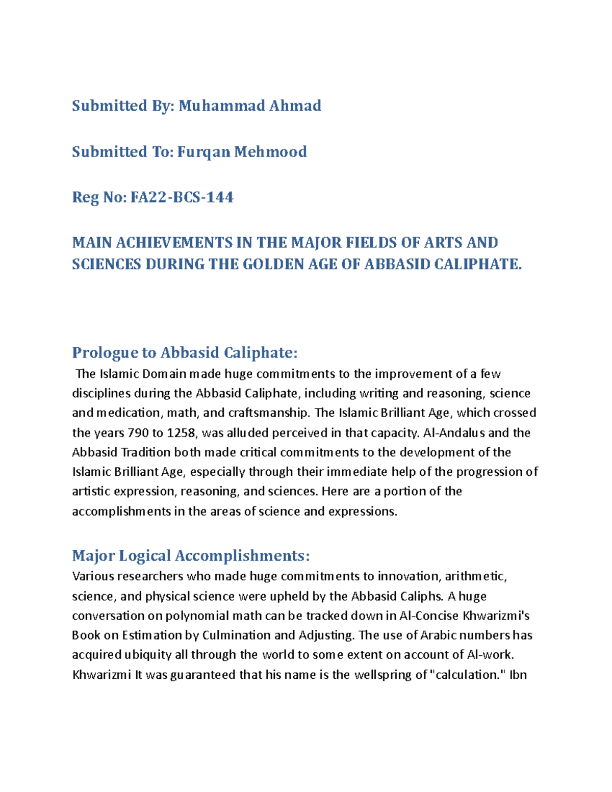 Assignment - Submitted By: Muhammad Ahmad Submitted To: Furqan Mehmood ...