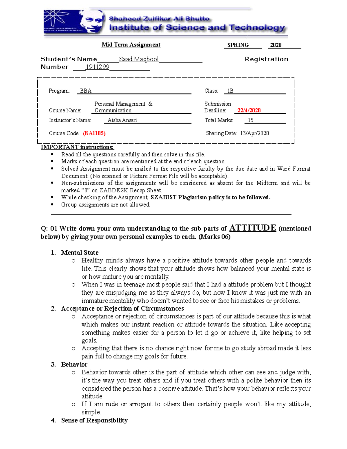 Assignment Based MT Template - Mid Term Assignment SPRING 2020 Student ...