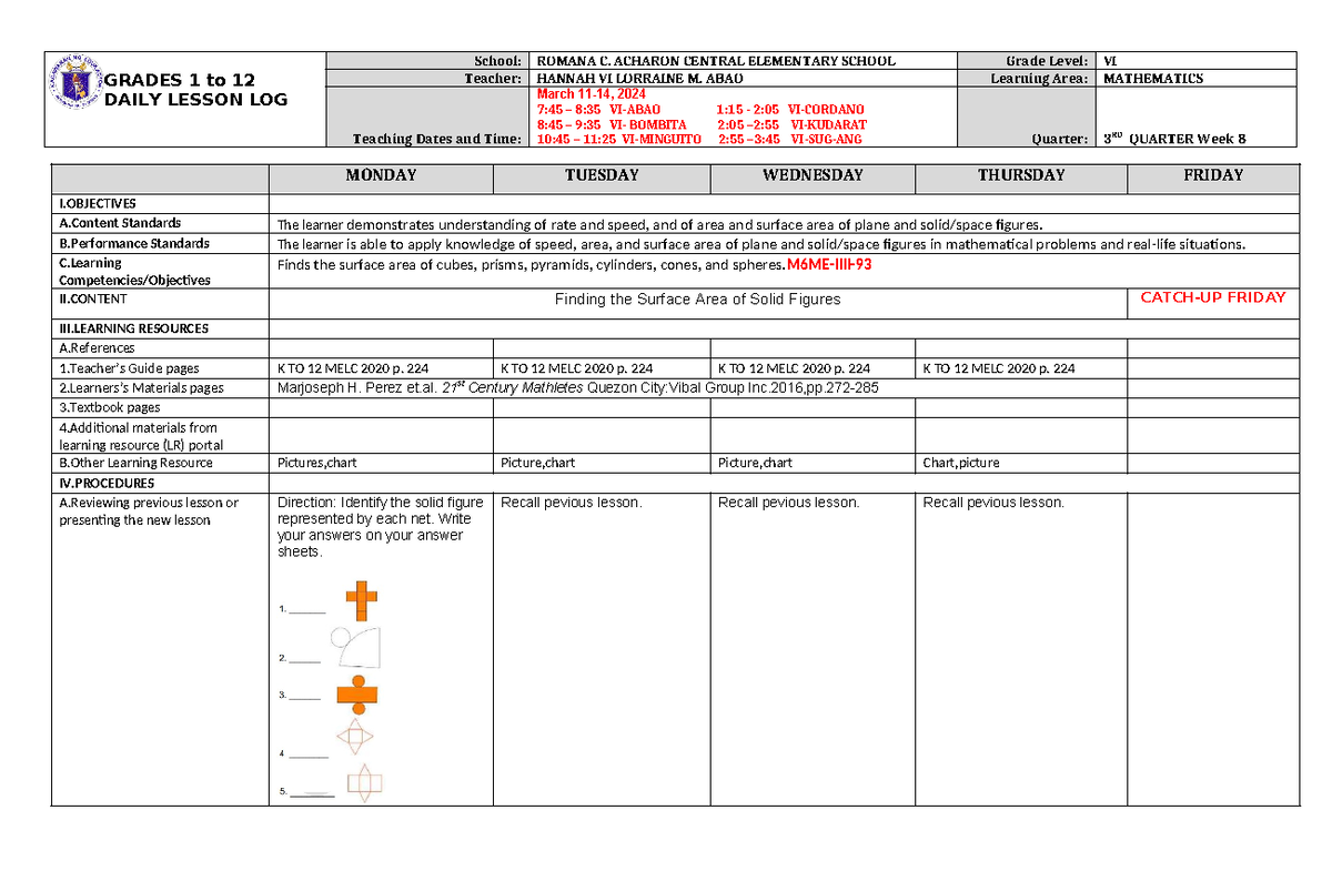 DLL Mathematics 6 Q3 W8 - Daily Lesson Log - GRADES 1 to 12 DAILY ...