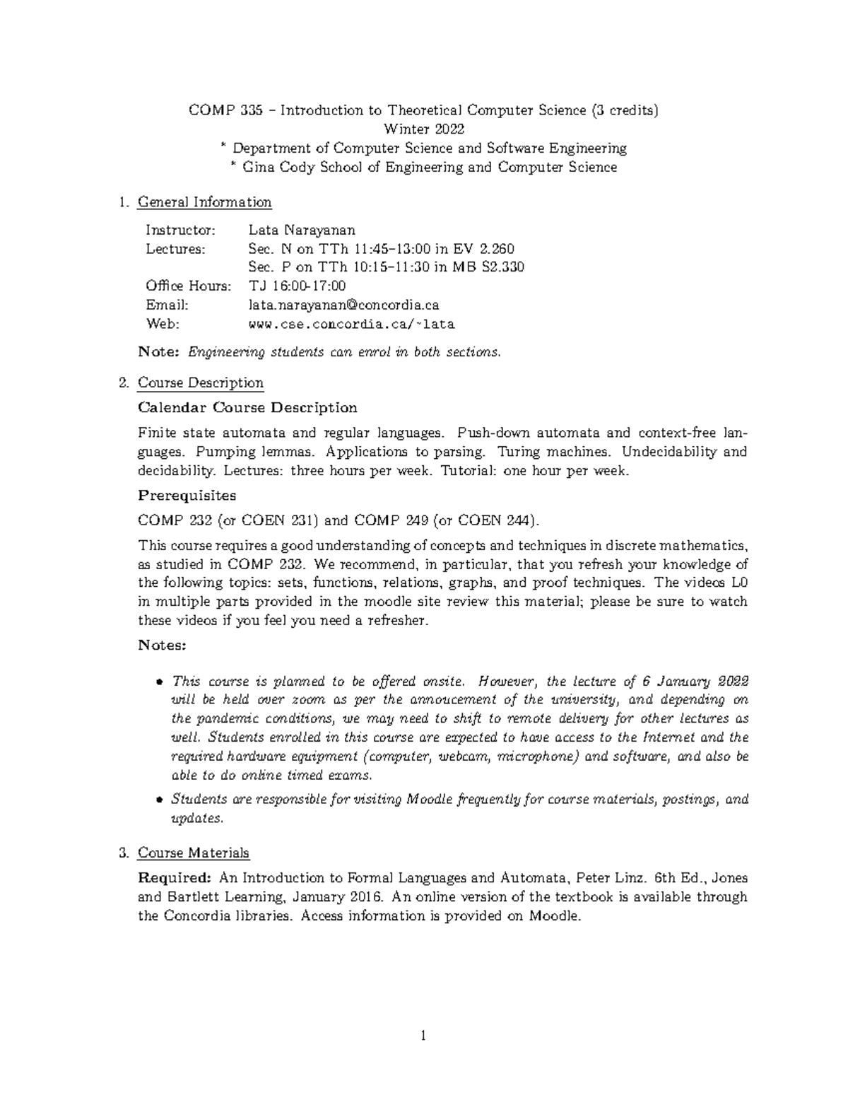 Outline - syllabus - COMP 335 – Introduction to Theoretical Computer Science (3 credits) Winter ...