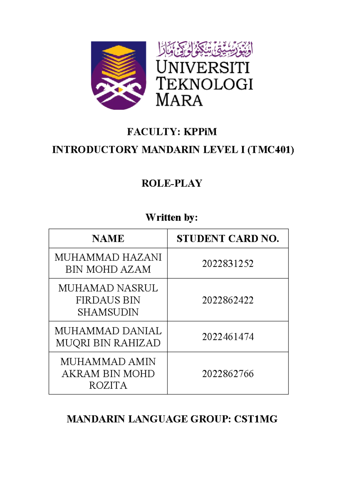 TMC401 ROLE PLAY Script - FACULTY: KPPiM INTRODUCTORY MANDARIN LEVEL I (TMC401) ROLE-PLAY ...