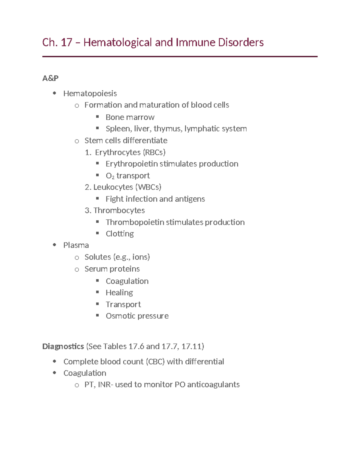 Ch. 17 Hematological and Immune Disorders - Ch. 17 – Hematological and ...