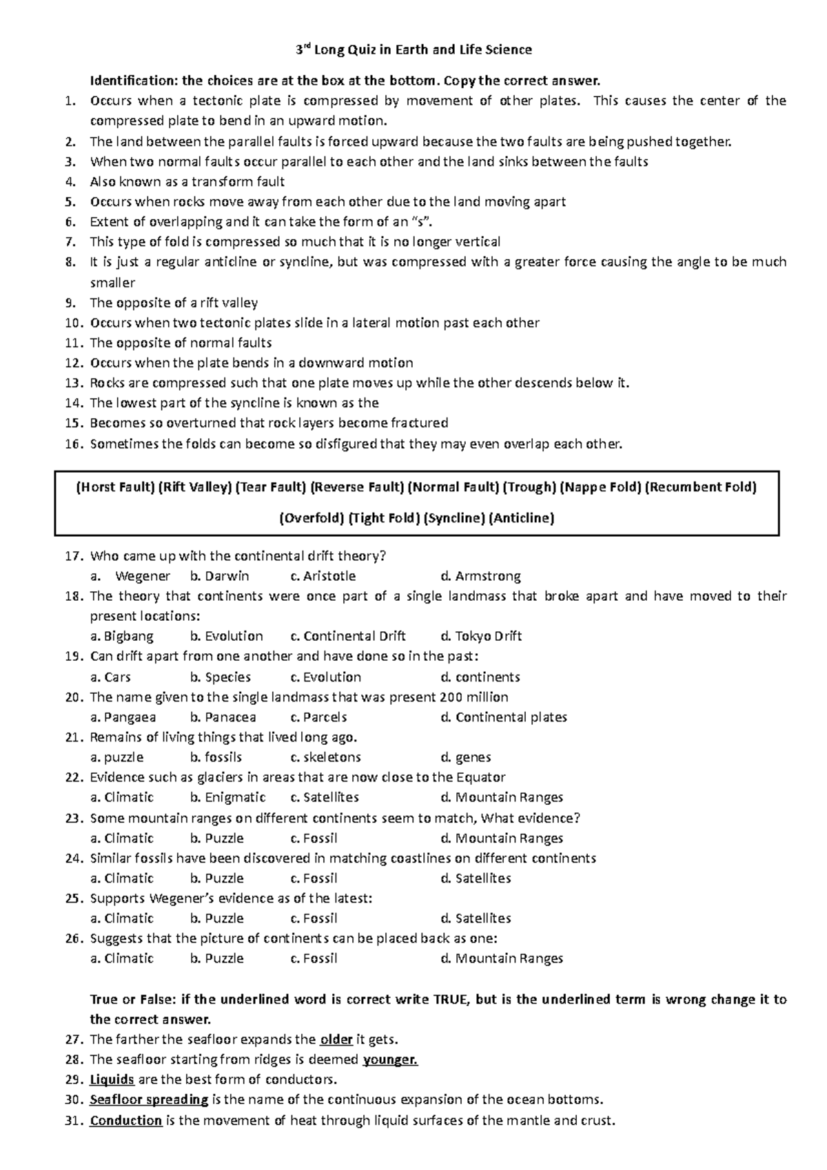 3rd long quiz in Earth and Life Science (Auto Recovered) - 3 rd Long ...