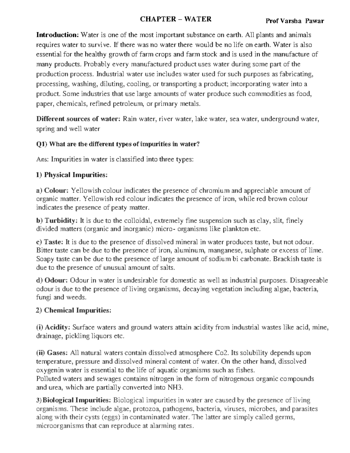 Water notes-2 - CHAPTER – WATER Introduction: Water is one of the most ...