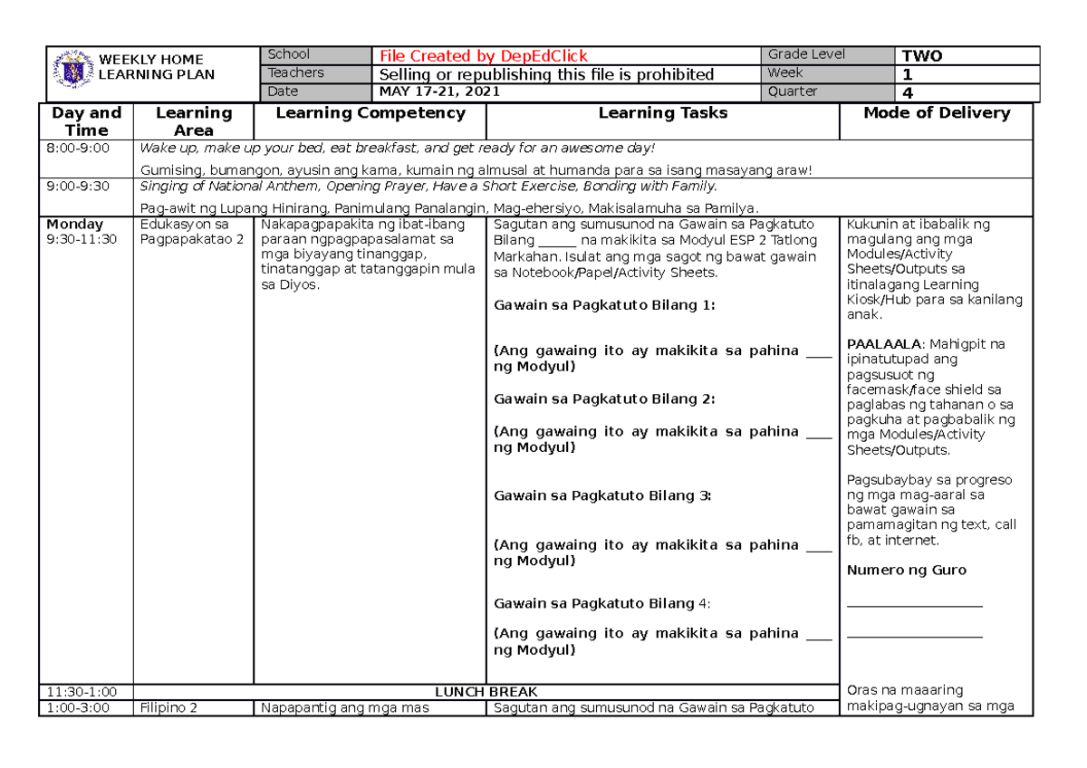 WHLP- Grade 2 (Q4 Week 1) - WEEKLY HOME LEARNING PLAN School File ...