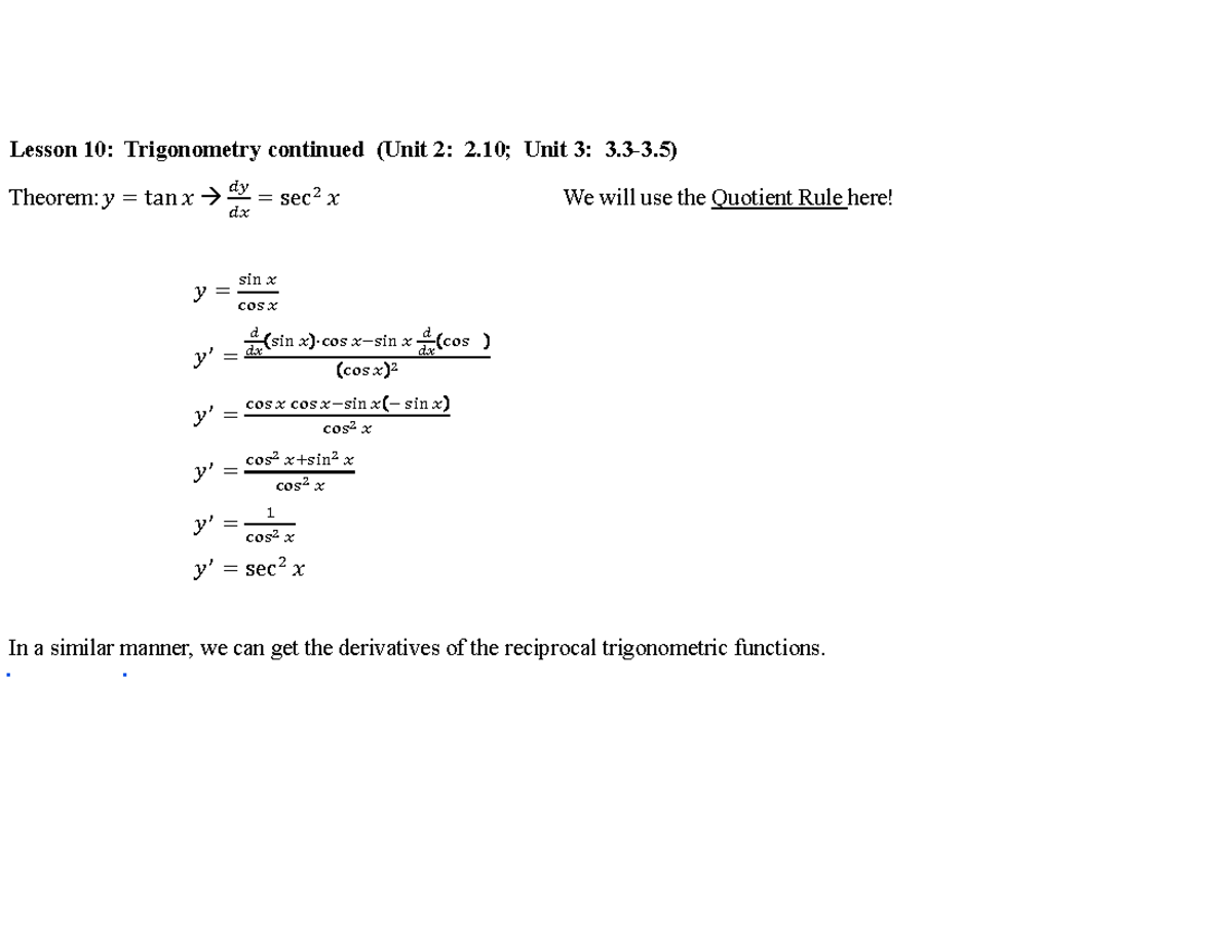 Lesson 10 - More Trig Derivatives - Lesson 10: Trigonometry continued ...