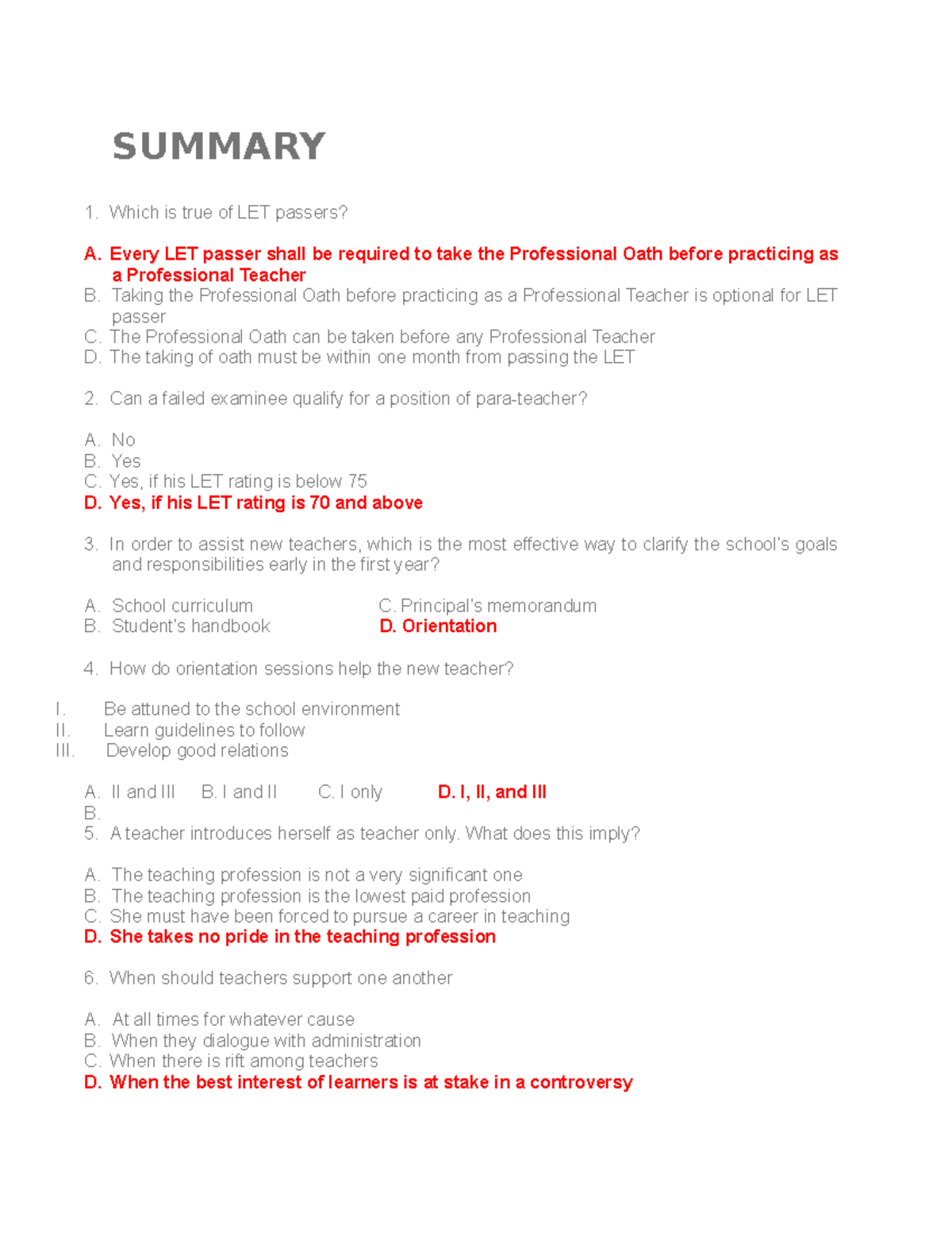 2019 Prof Ed Final Summary - SUMMARY Which is true of LET passers? A ...