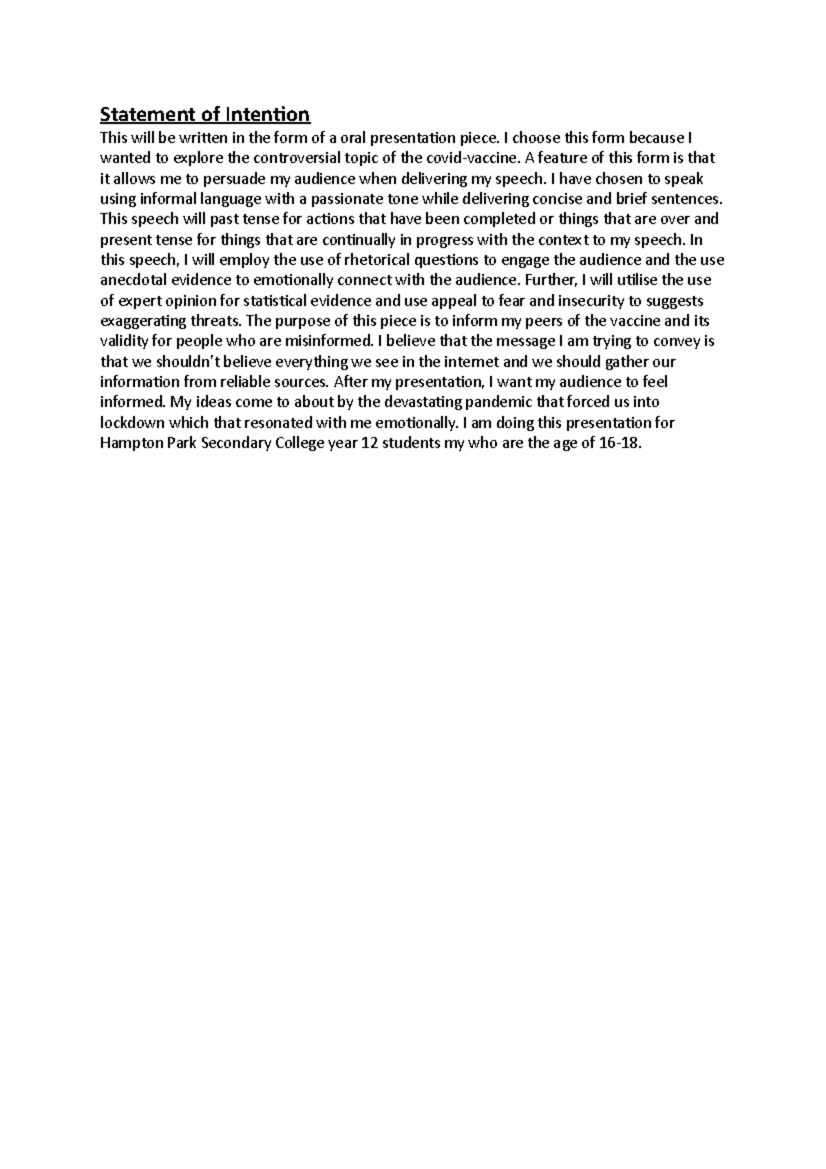 Statement of Intention - BMEN90003 - Unimelb - Studocu