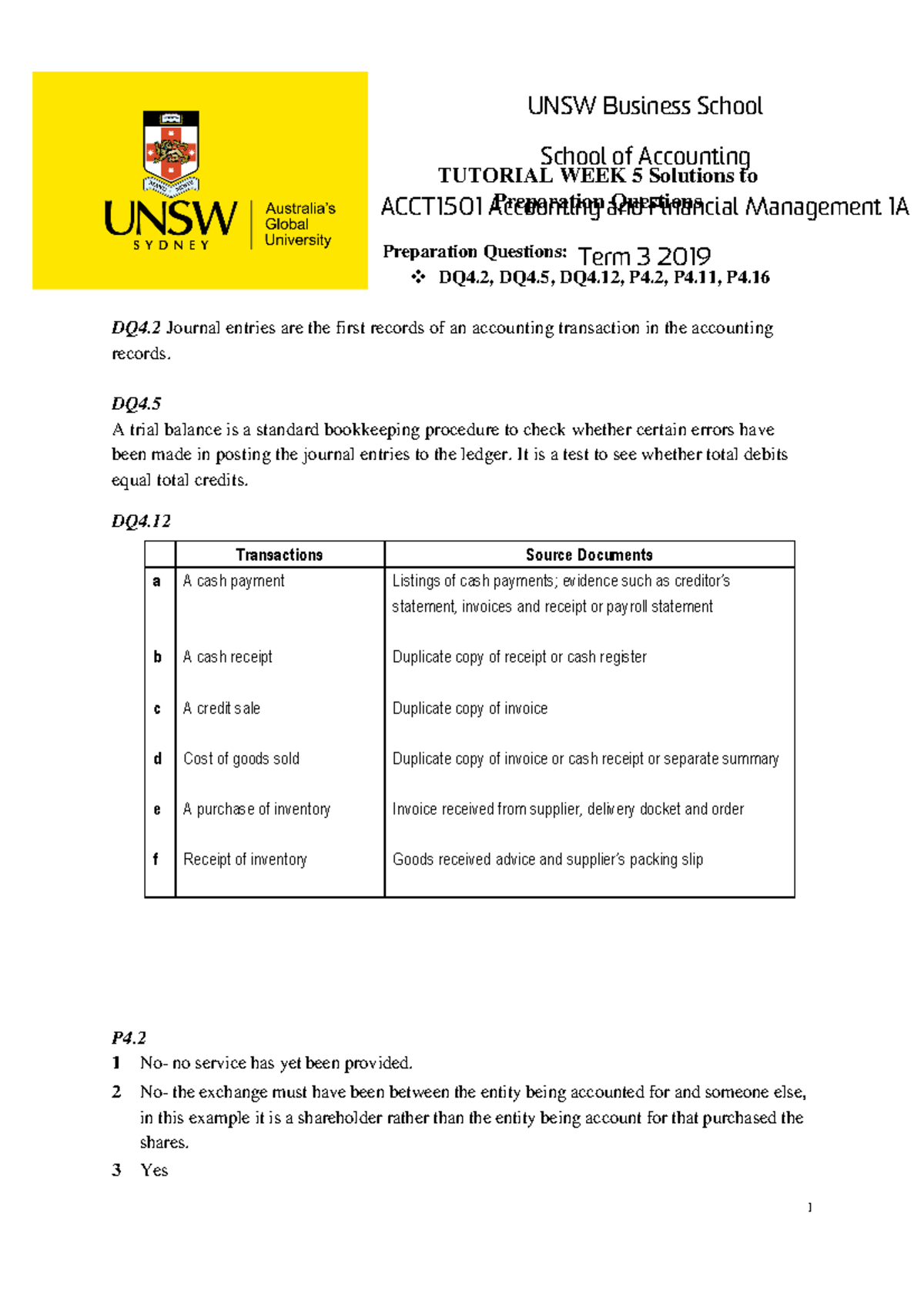 2019 T3 PQ Ans Wk5 - ACCT1501 - TUTORIAL WEEK 5 Solutions to Preparation Questions Preparation ...