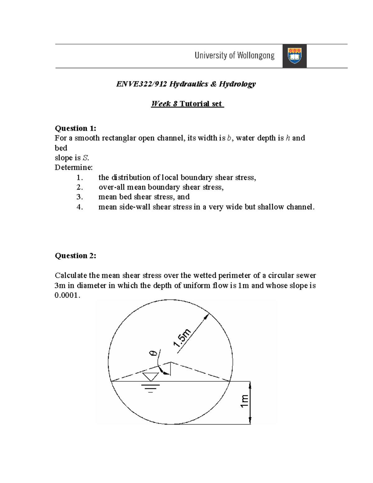 Week 8 Tutorial Questions 2023 Enve322912 Hydraulics And Hydrology Week 8 Tutorial Set Question 5930