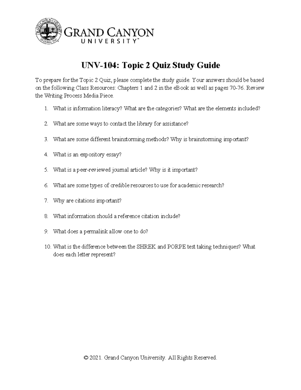 UNV 104 RS T2 Quiz Study Guide - UNV-104: Topic 2 Quiz Study Guide To ...