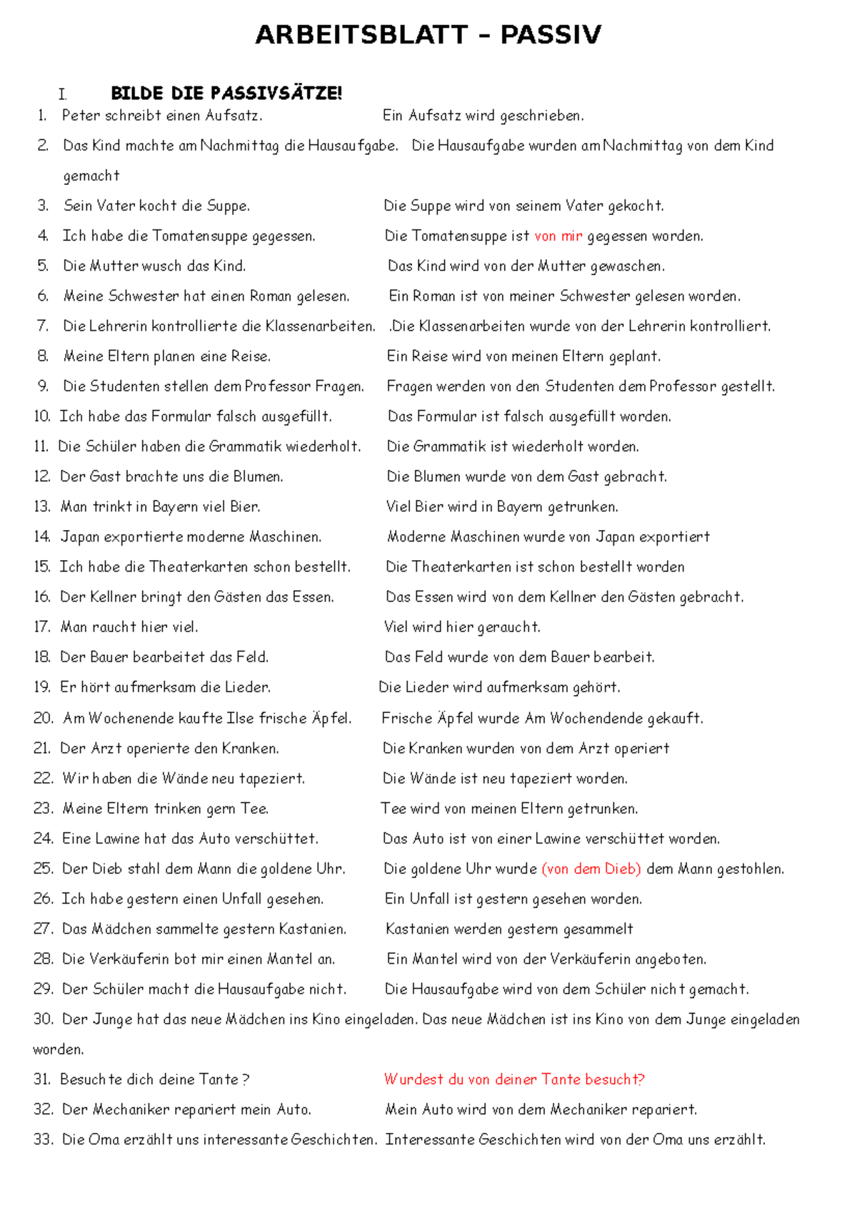 Passiv - ARBEITSBLATT – PASSIV I. BILDE DIE PASSIVSÄTZE! Peter schreibt ...