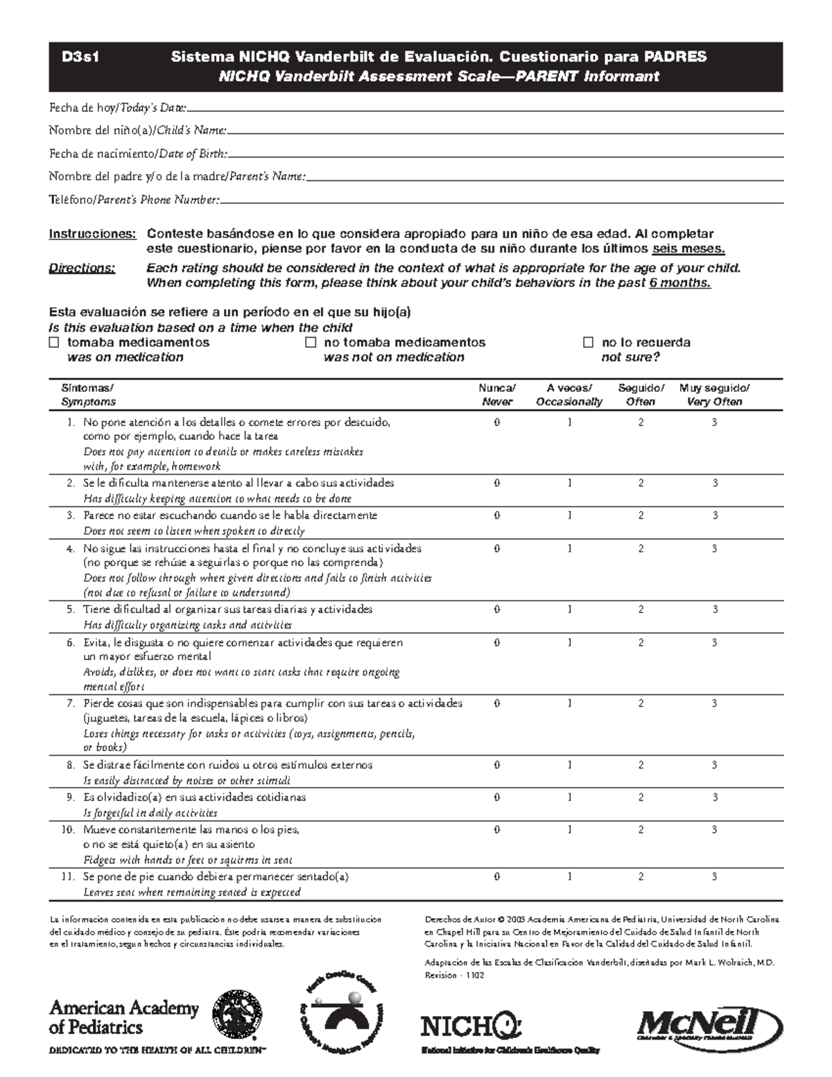 Parent Assessment Spanish - D3s1 Sistema NICHQ Vanderbilt de Evaluación ...