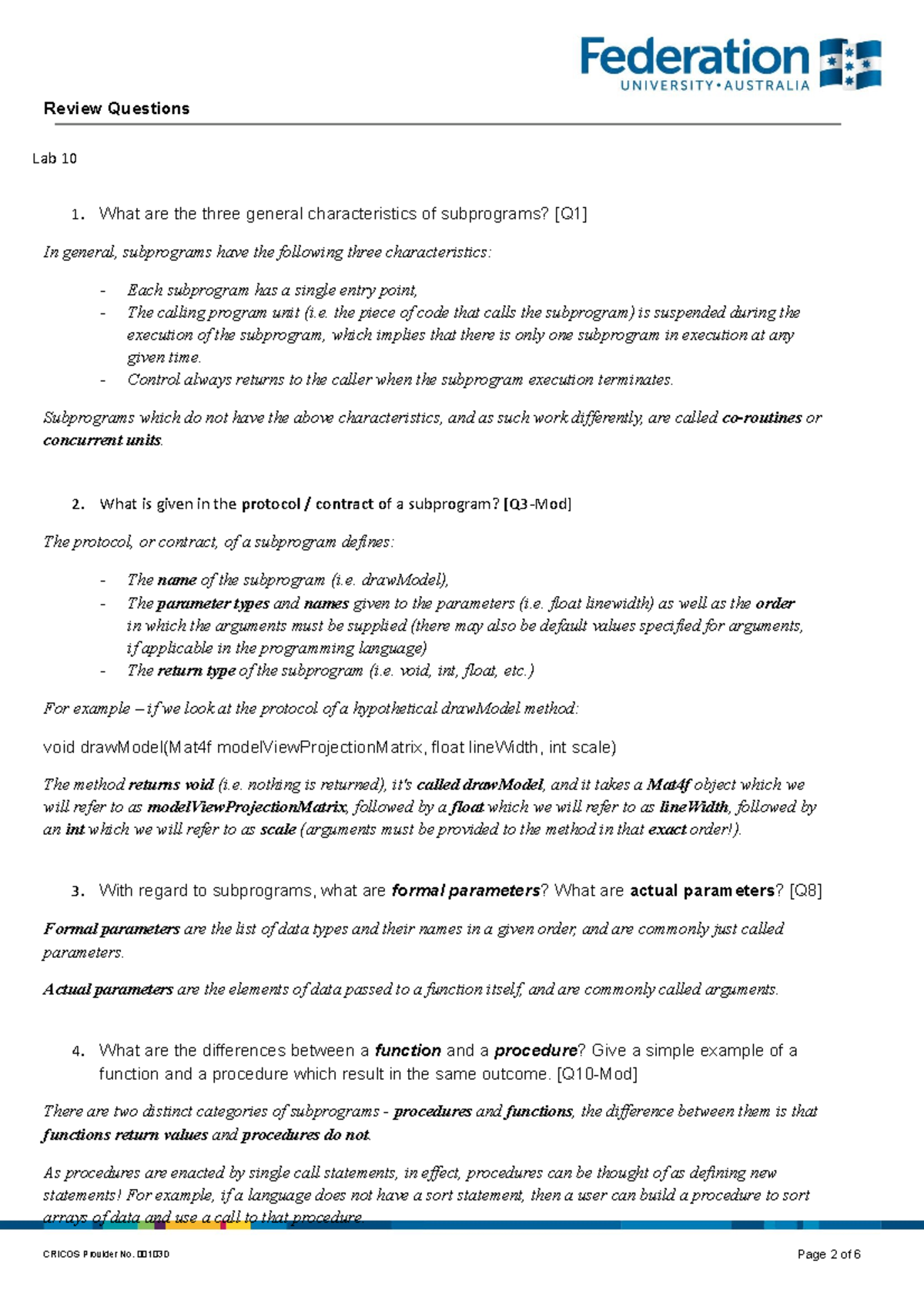 Lab 10 Subprograms [answers] Review Questions Cricos Provider No 00103d Page 2 Of 6 Lab 10