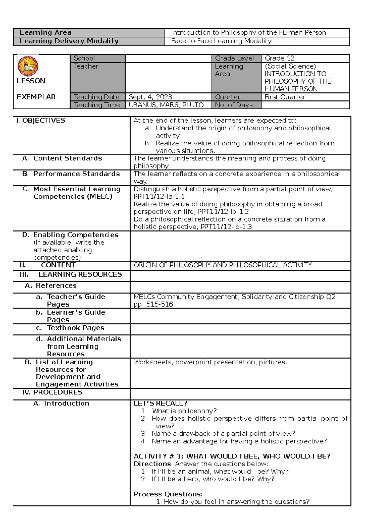 IP 1 - W2 - Intro to Philo - Learning Area Introduction to Philosophy ...