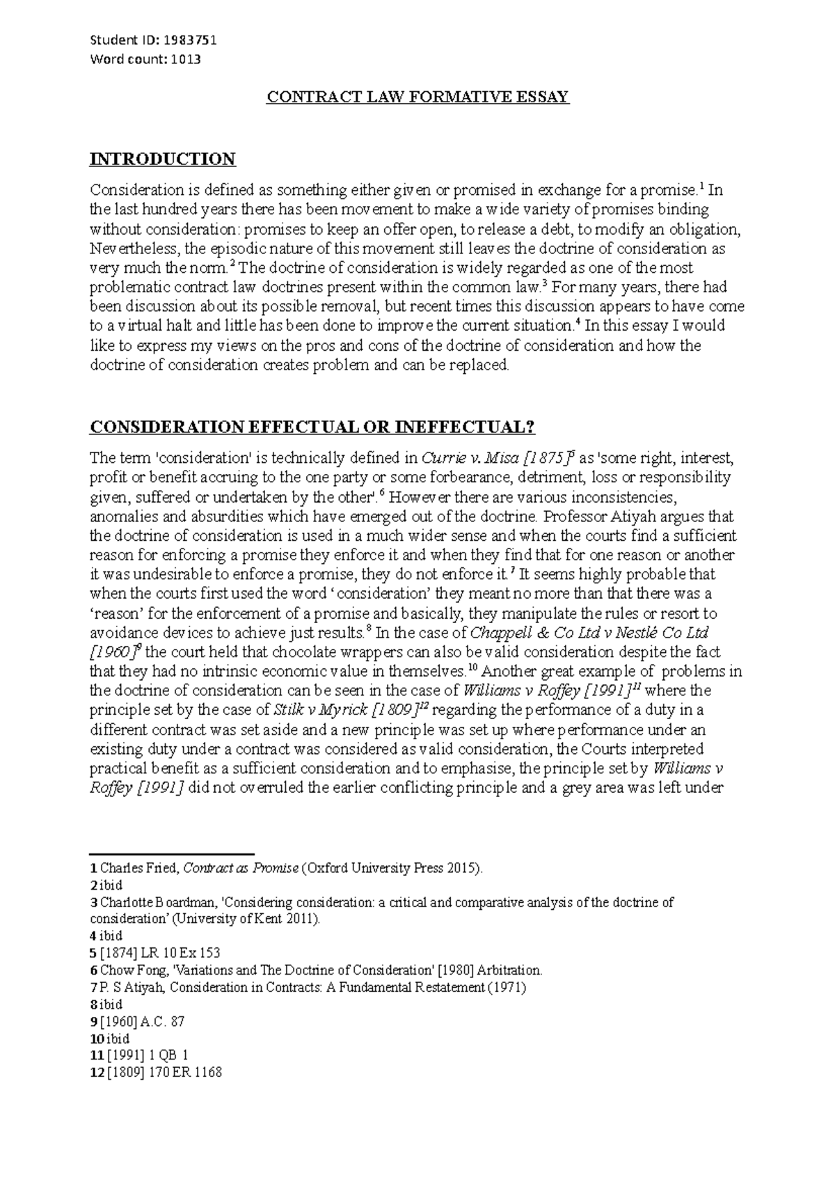Contract LAW Formative Essay 1 - Student ID: 1983751 Word count: 1013 ...