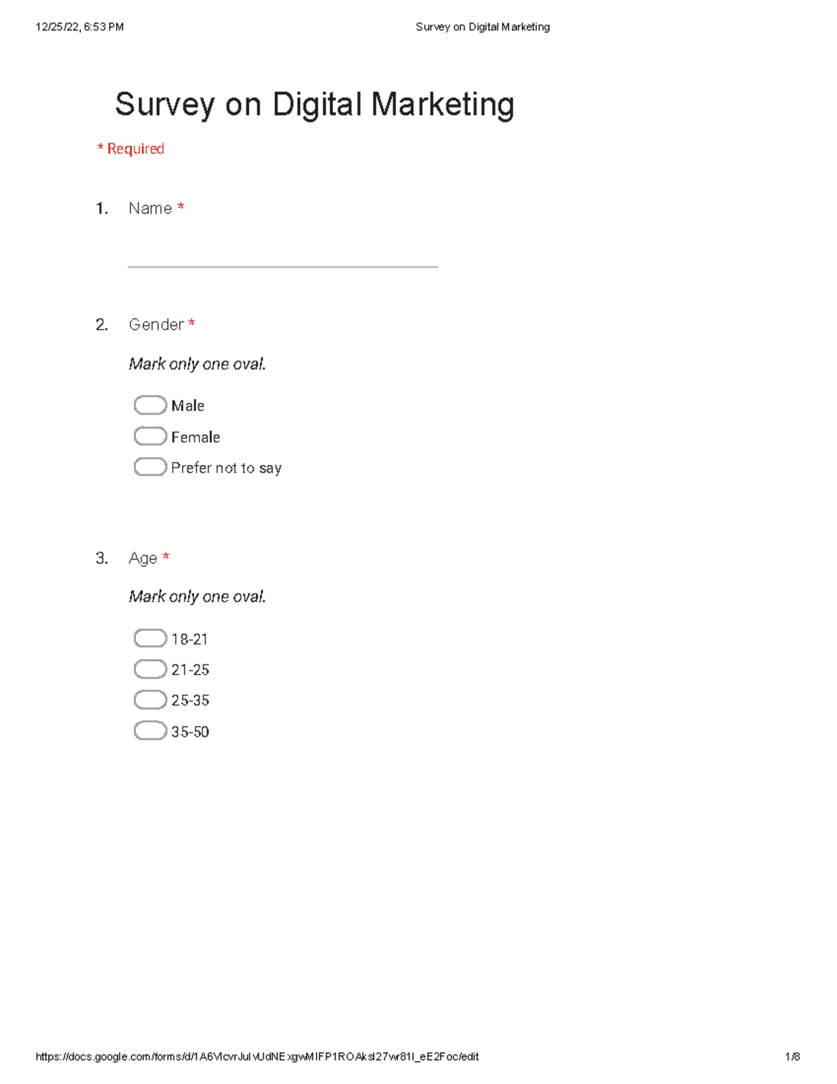 Untitled form - Google Forms 2 - 1. 2. Mark only one oval. Male Female ...