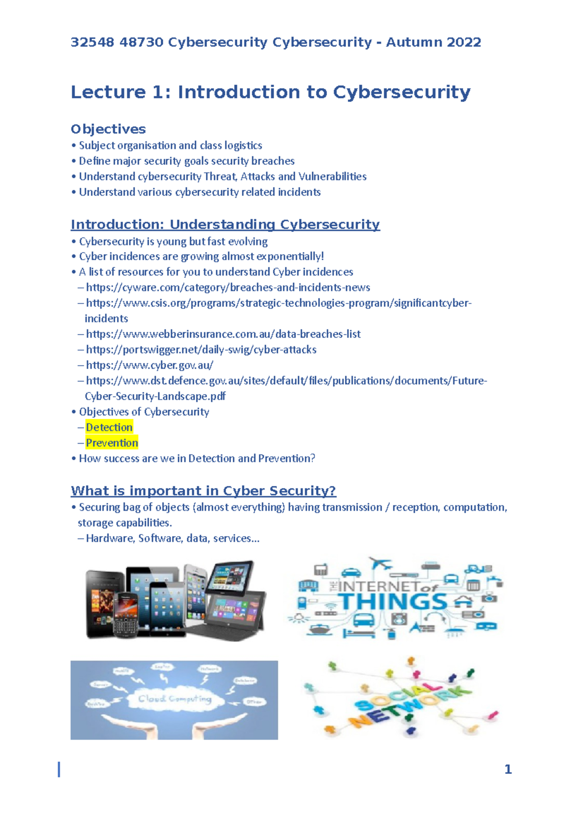 Lecture 1 Note - Lecture 1: Introduction to Cybersecurity Objectives ...