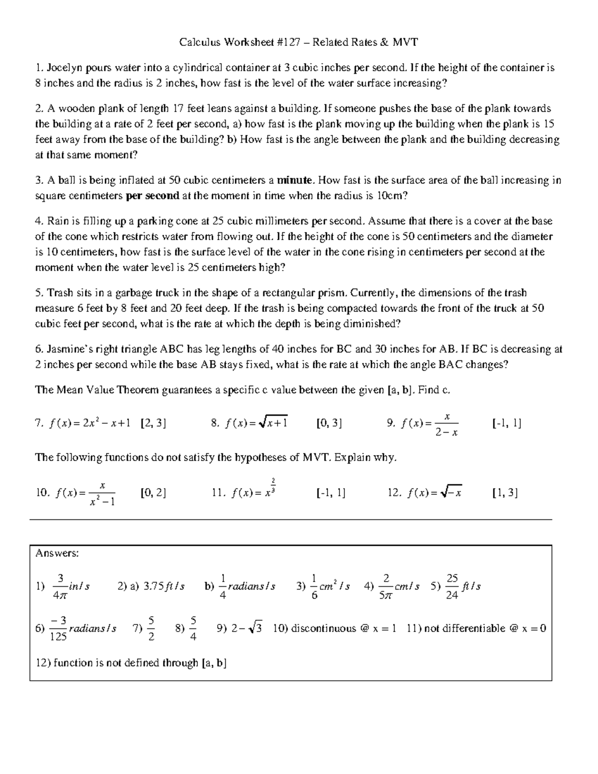 AB Ws 127 Related Rates Review - Calculus Worksheet #127 – Related ...