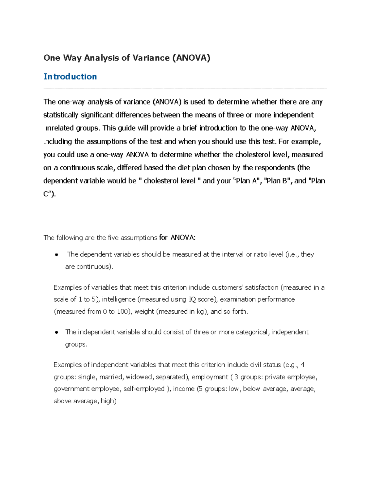 Analysis of Variance ( Anova) - One Way Analysis of Variance (ANOVA) Introduction The one-way ...
