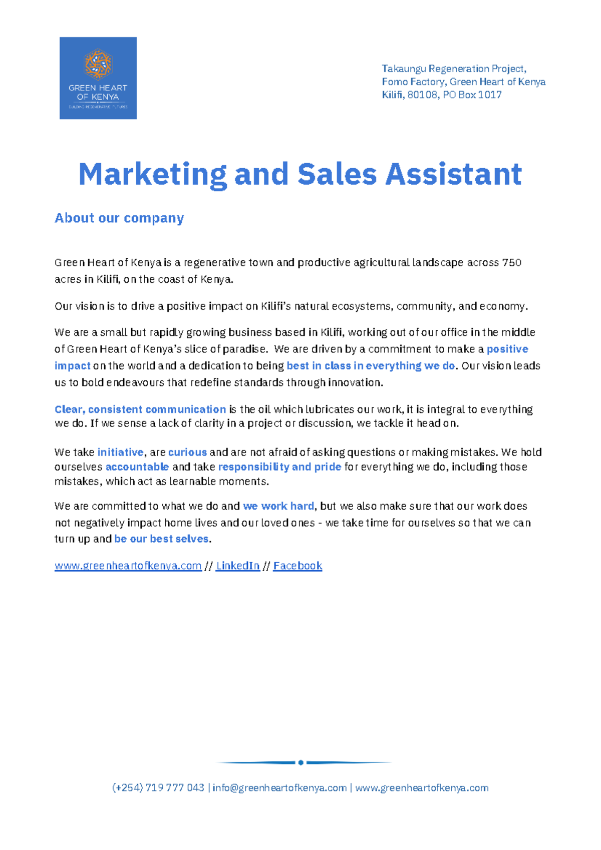 Marketing and Sales Assistant Job Advertisement - Takaungu Regeneration ...
