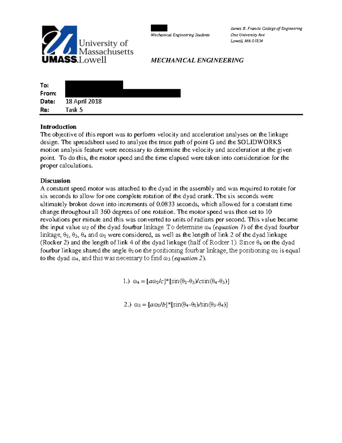 Task 5 Memo Report - Team 1 Mechanical Engineering Students James B ...