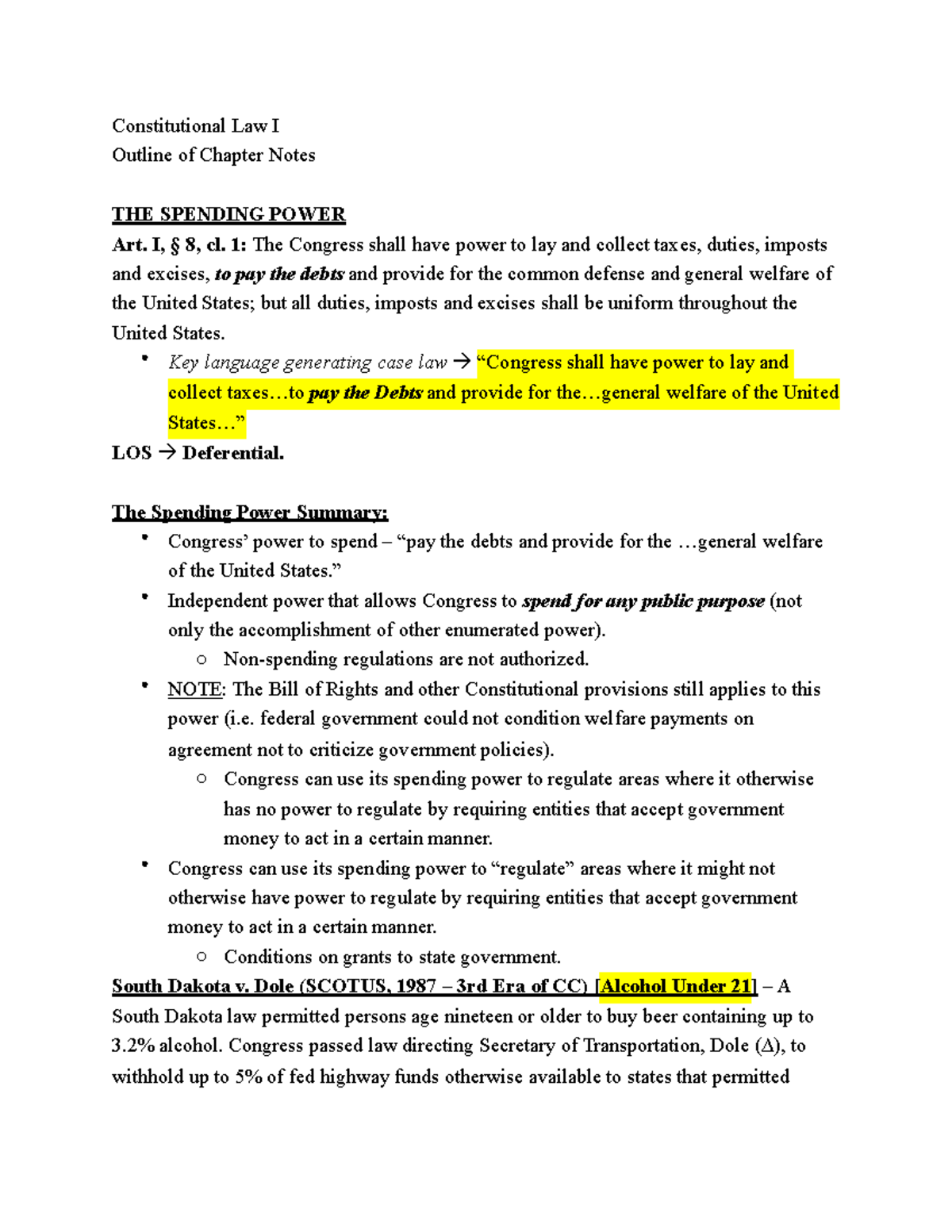 THE Spending Power - Lecture notes 14 - Constitutional Law I Outline of ...