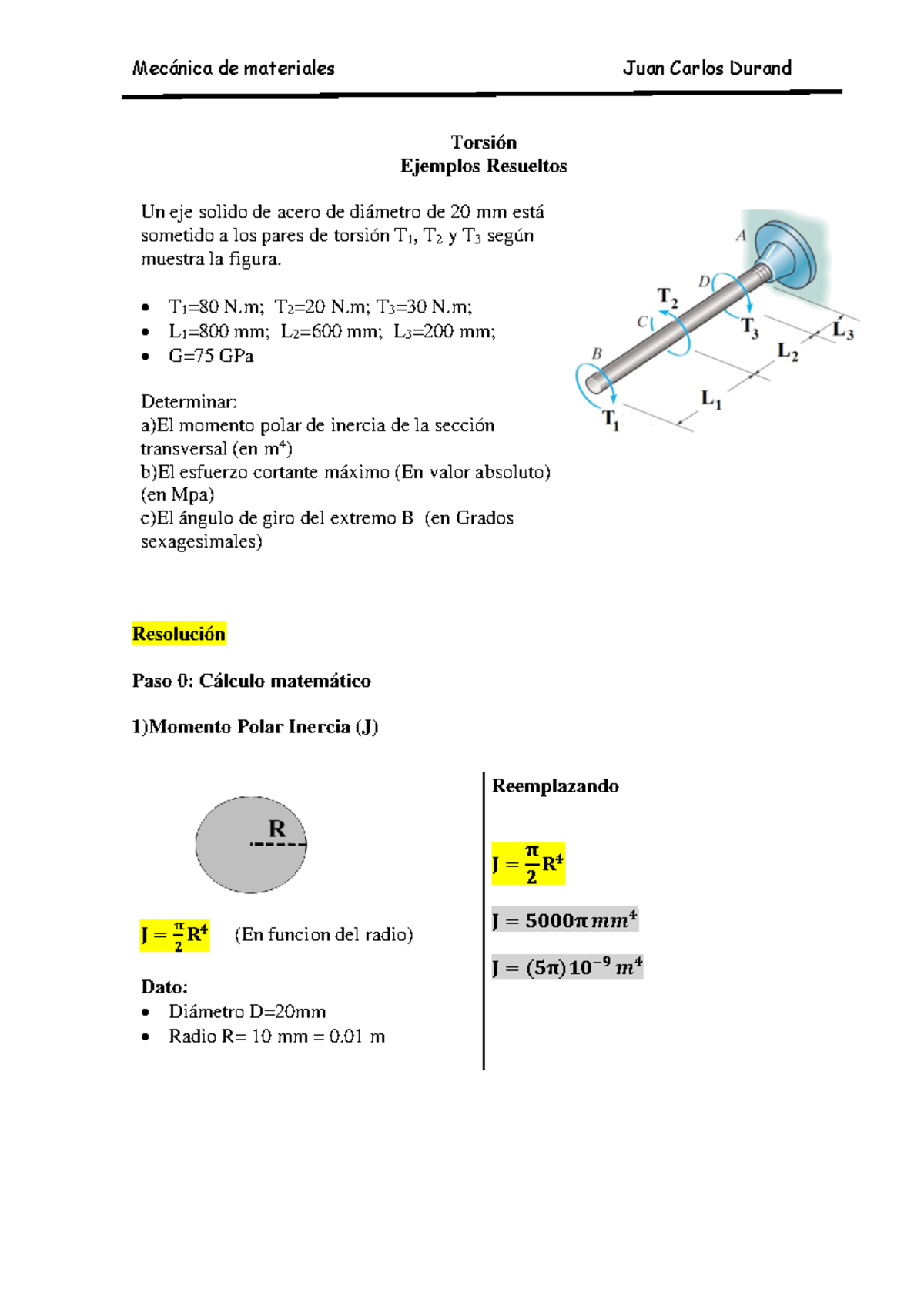 04 Torsion -Torque Volado N1A - Torsión Ejemplos Resueltos Un eje ...