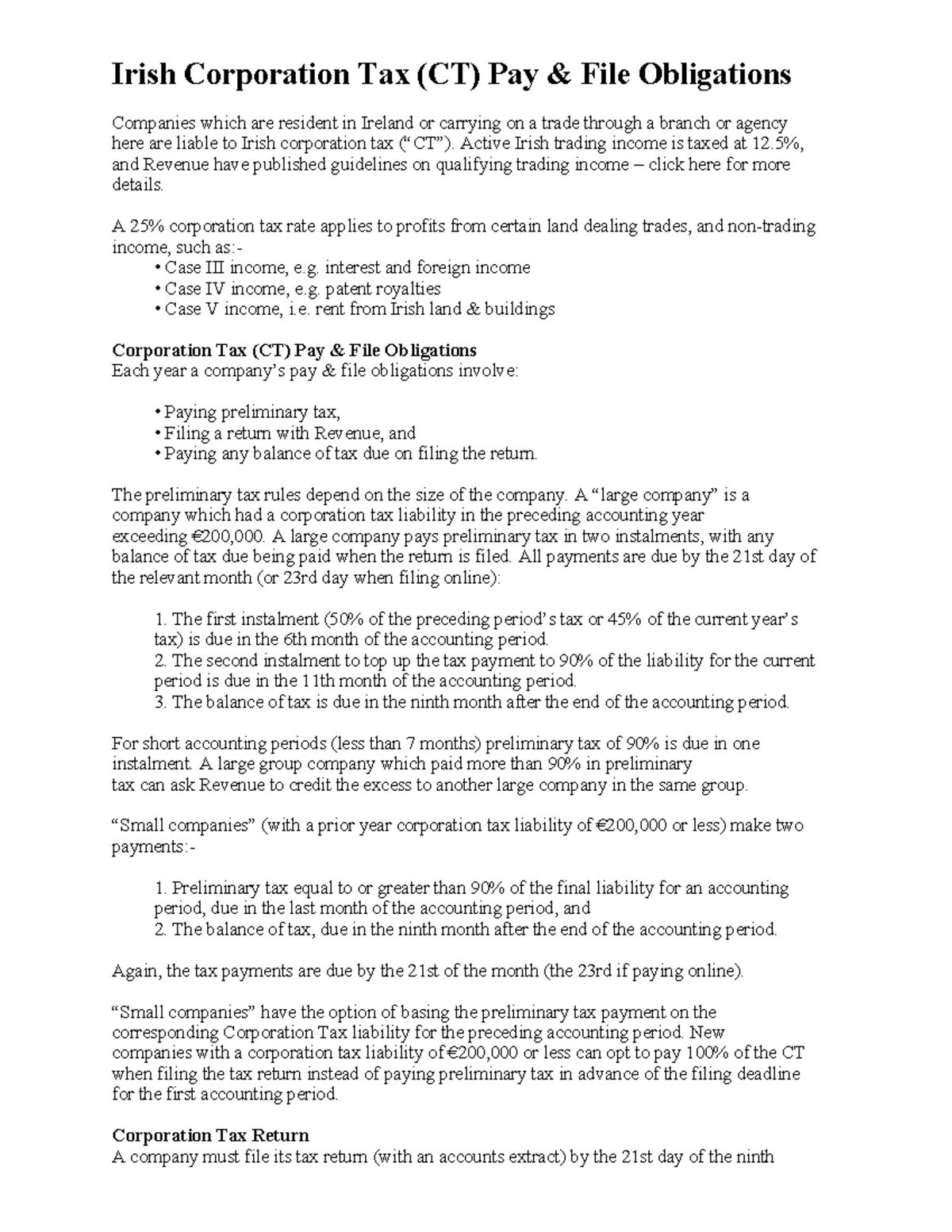 Irish Corporation Tax (CT) Pay & File Obligations Week 5 - - Studocu