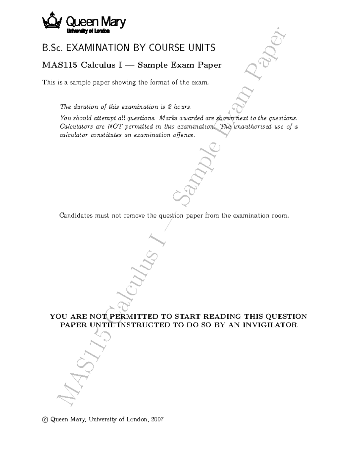 MAS115sample - MAS115 Calculus I — Sample Exam Paper B. EXAMINATION BY ...